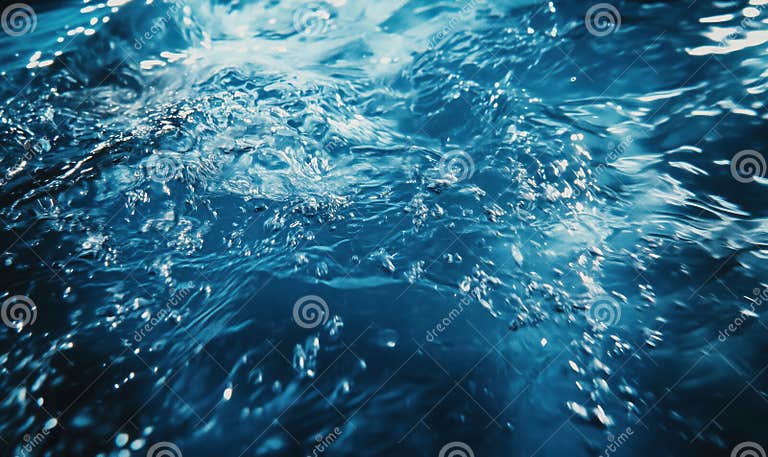 Water Surface with Bubbles and Ripples, Dynamic Movement, Blue Tones, Reflections, Aquatic ...