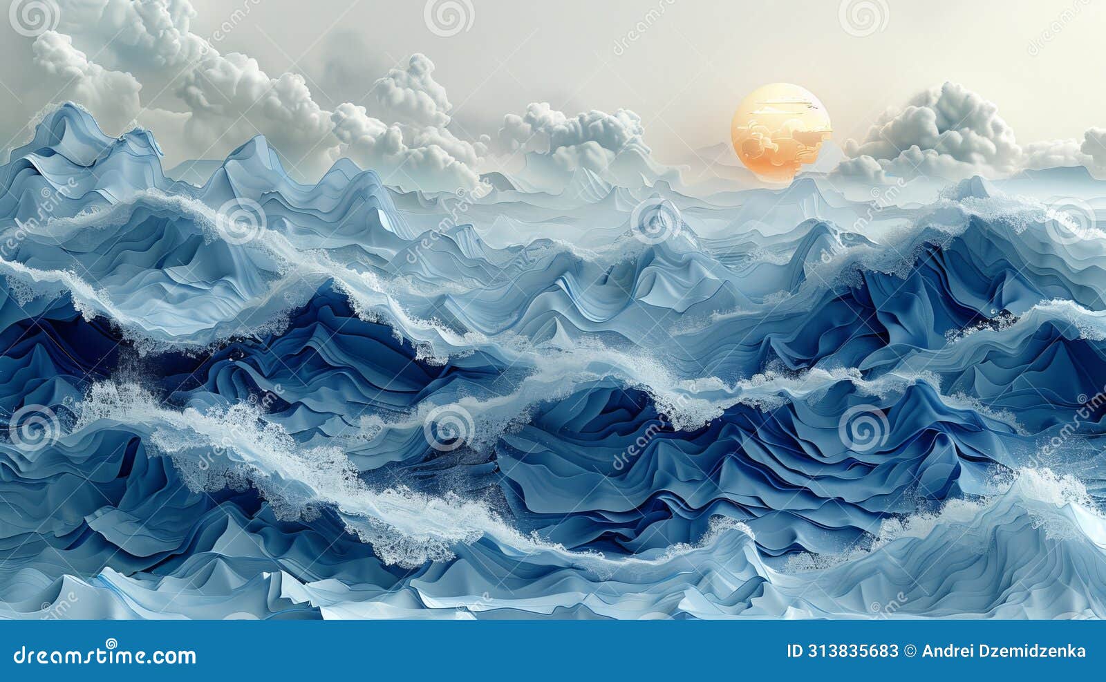 Water Surface Elements Decorated with Blue Japanese Wave Pattern. Hand ...