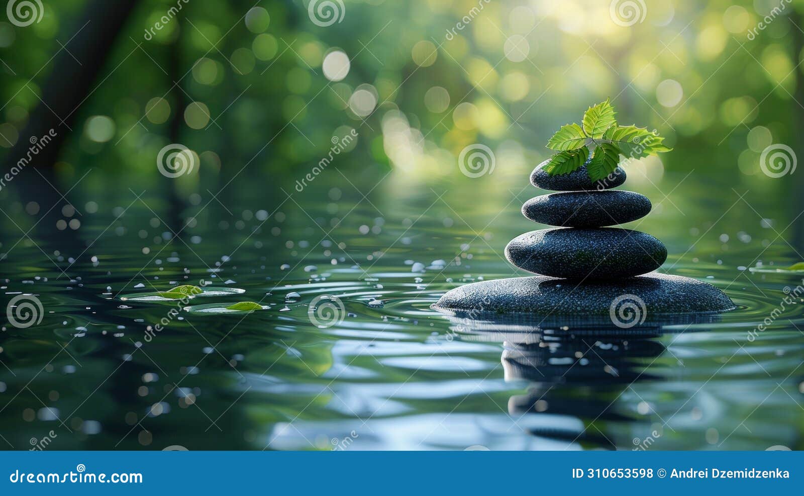 Water Surface with Grean Leaves Over Zen Stone Pyramid Stock ...