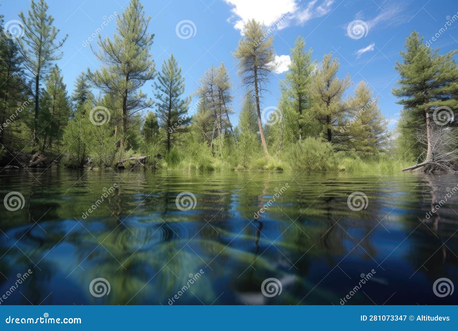 Water Surface Reflecting Towering Pine Trees and Blue Skies Stock ...