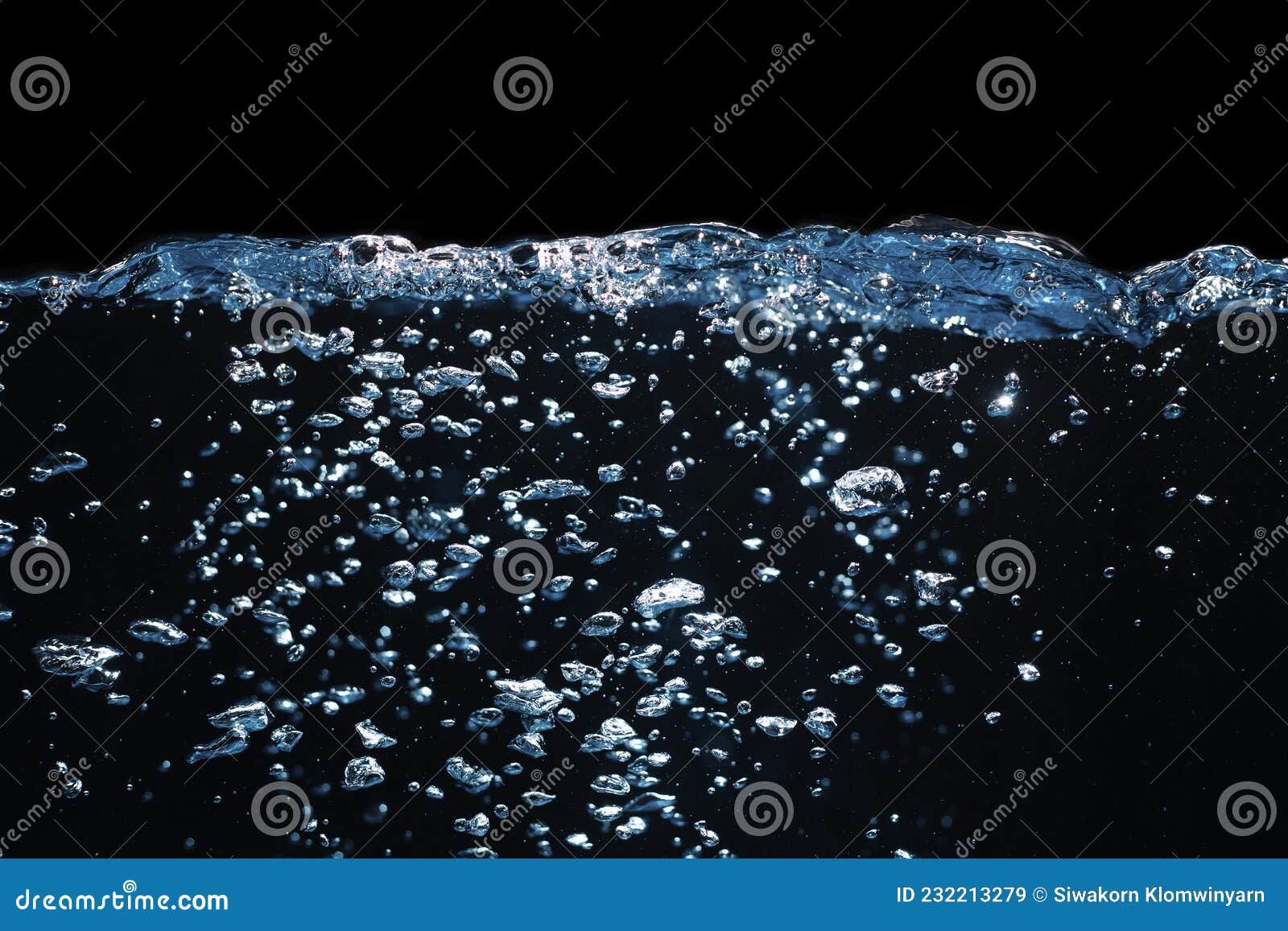 Water Surface with Ripple and Bubbles Float Up on Black Background ...