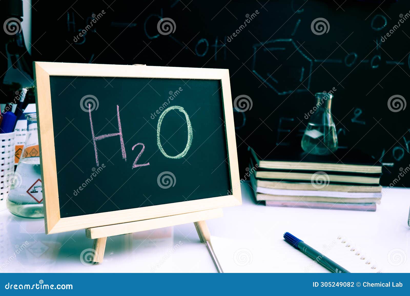 Water and Symbol Structural Formula Chemical Write on the Blackboard ...