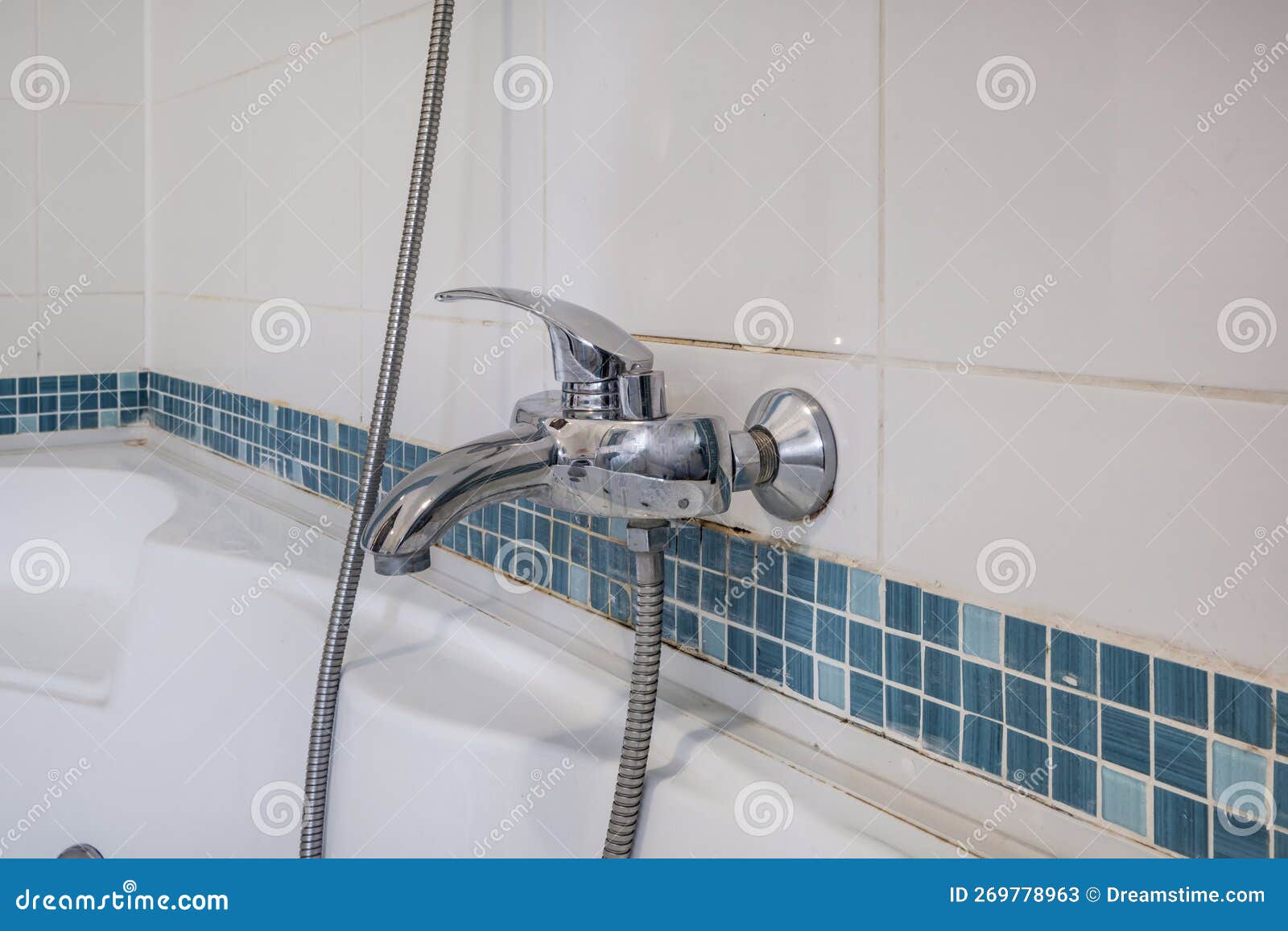 Water Tap and Shower in Bathroom on Wall with Tiles Stock Image - Image ...