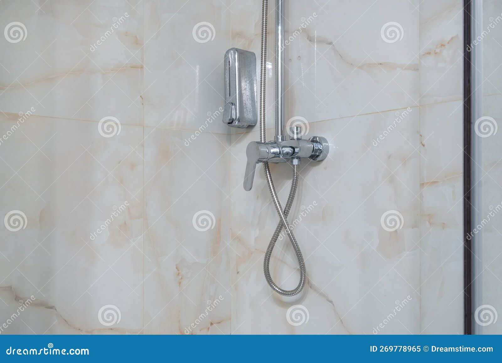 Water Tap and Shower in Bathroom on Wall with Tiles Stock Image - Image ...