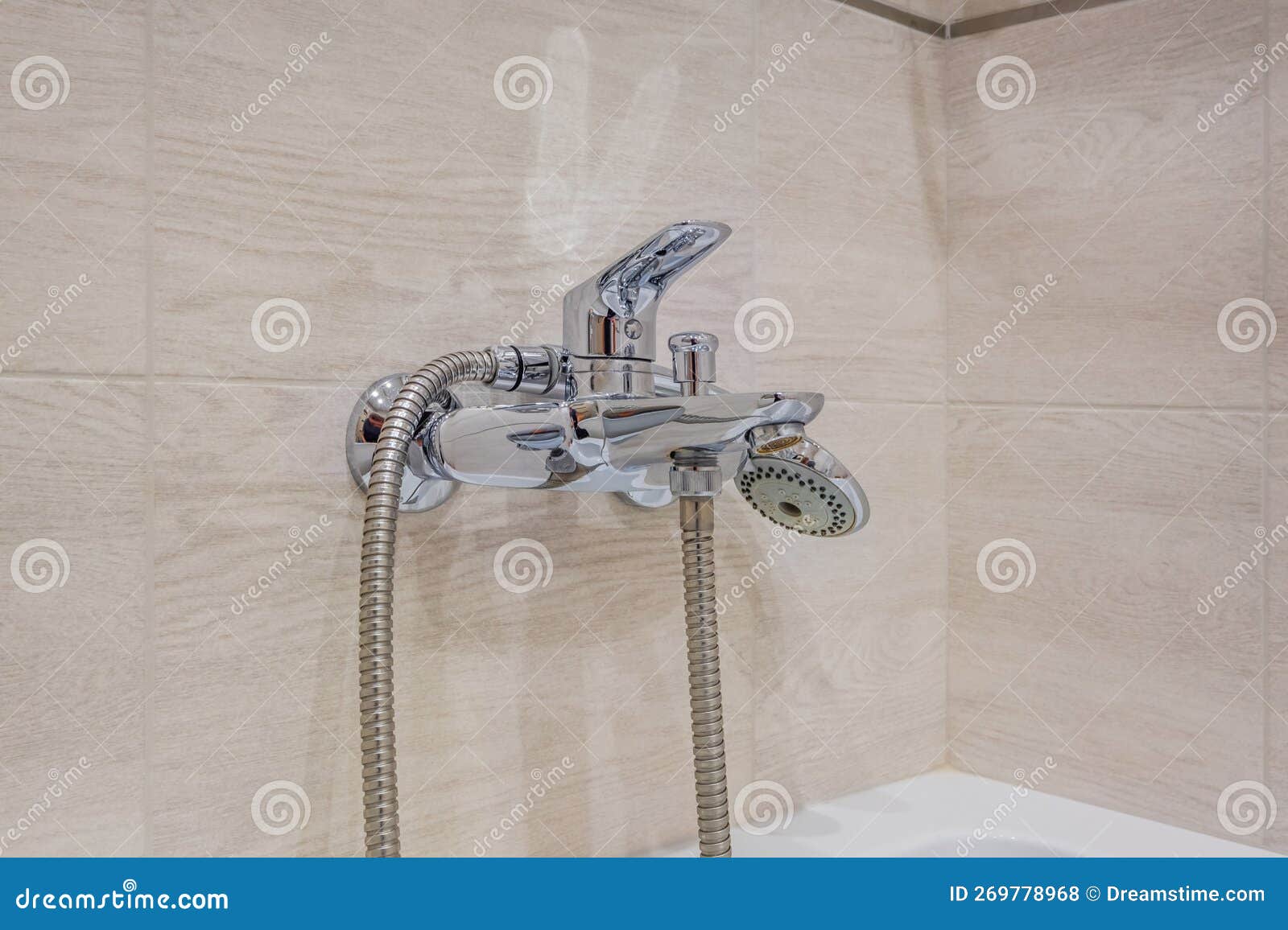 Water Tap and Shower in Bathroom on Wall with Tiles Stock Photo - Image ...