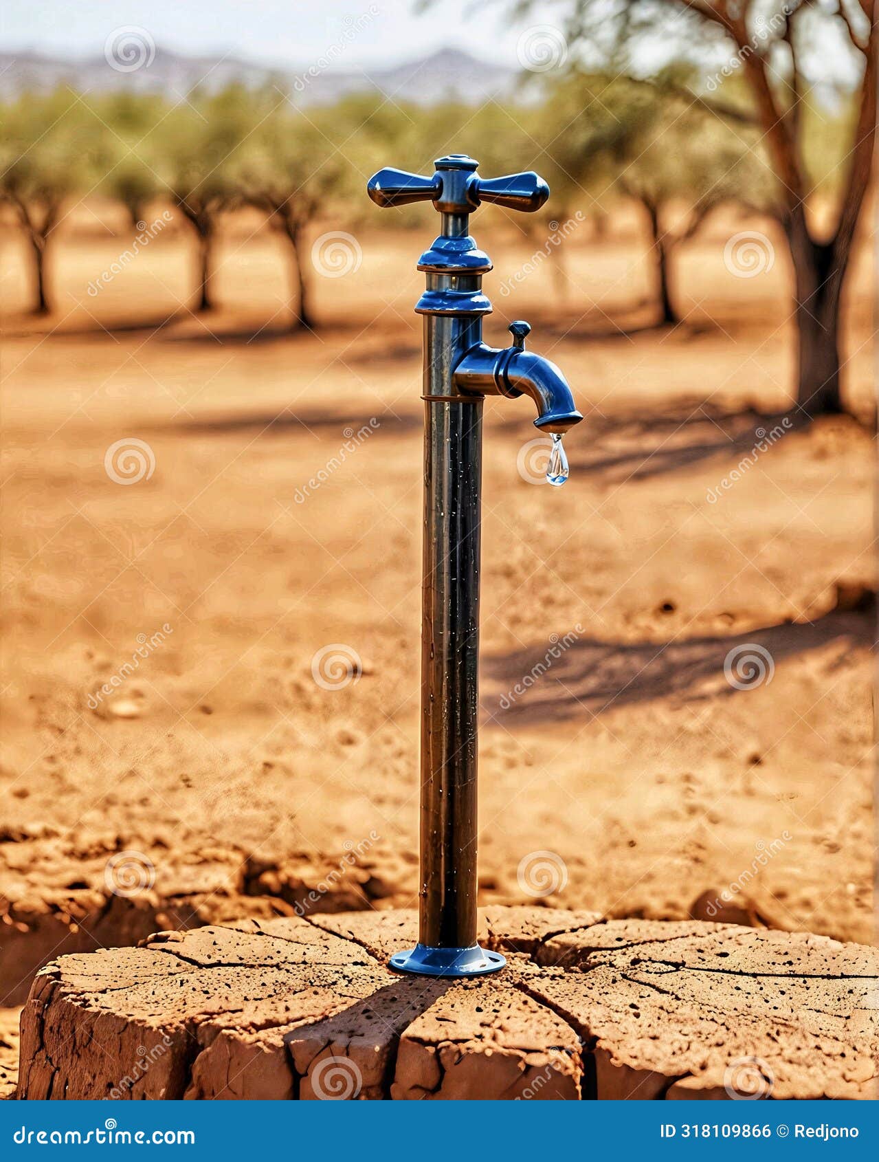 Water Tap with Single Drop of Water Falling in Arid Desert Environment ...