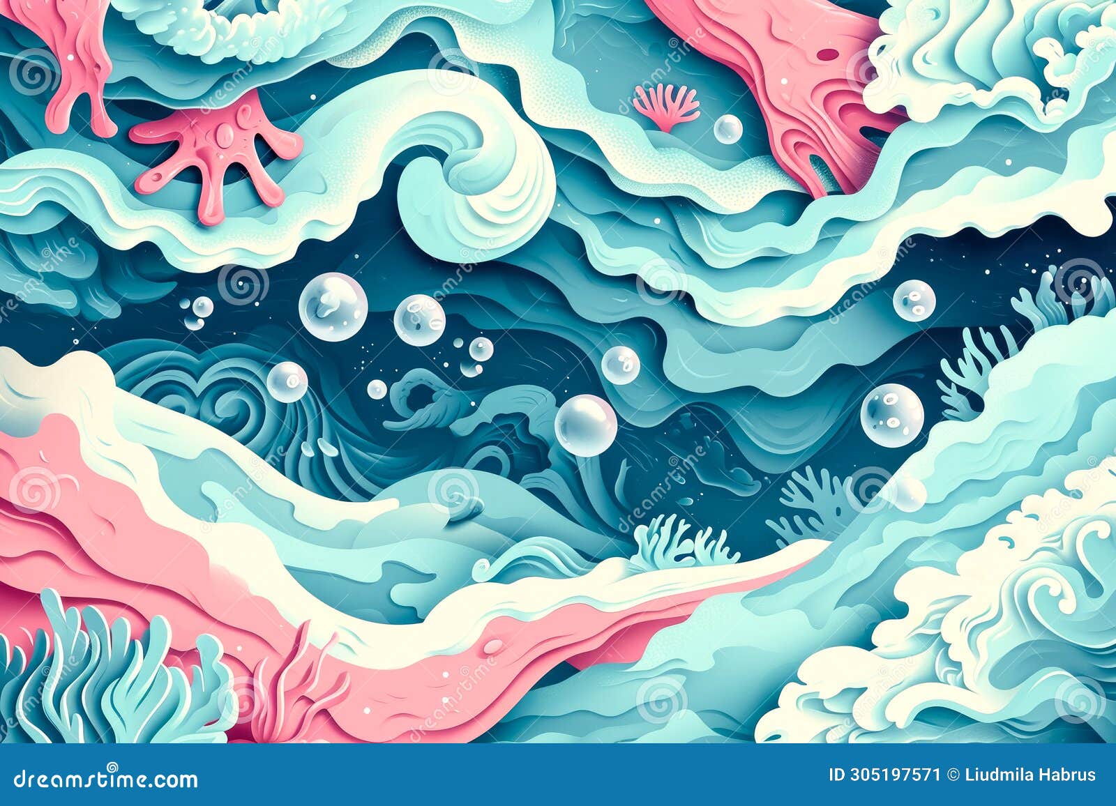 Water-themed Design with Ocean Waves and Underwater Creatures Stock ...