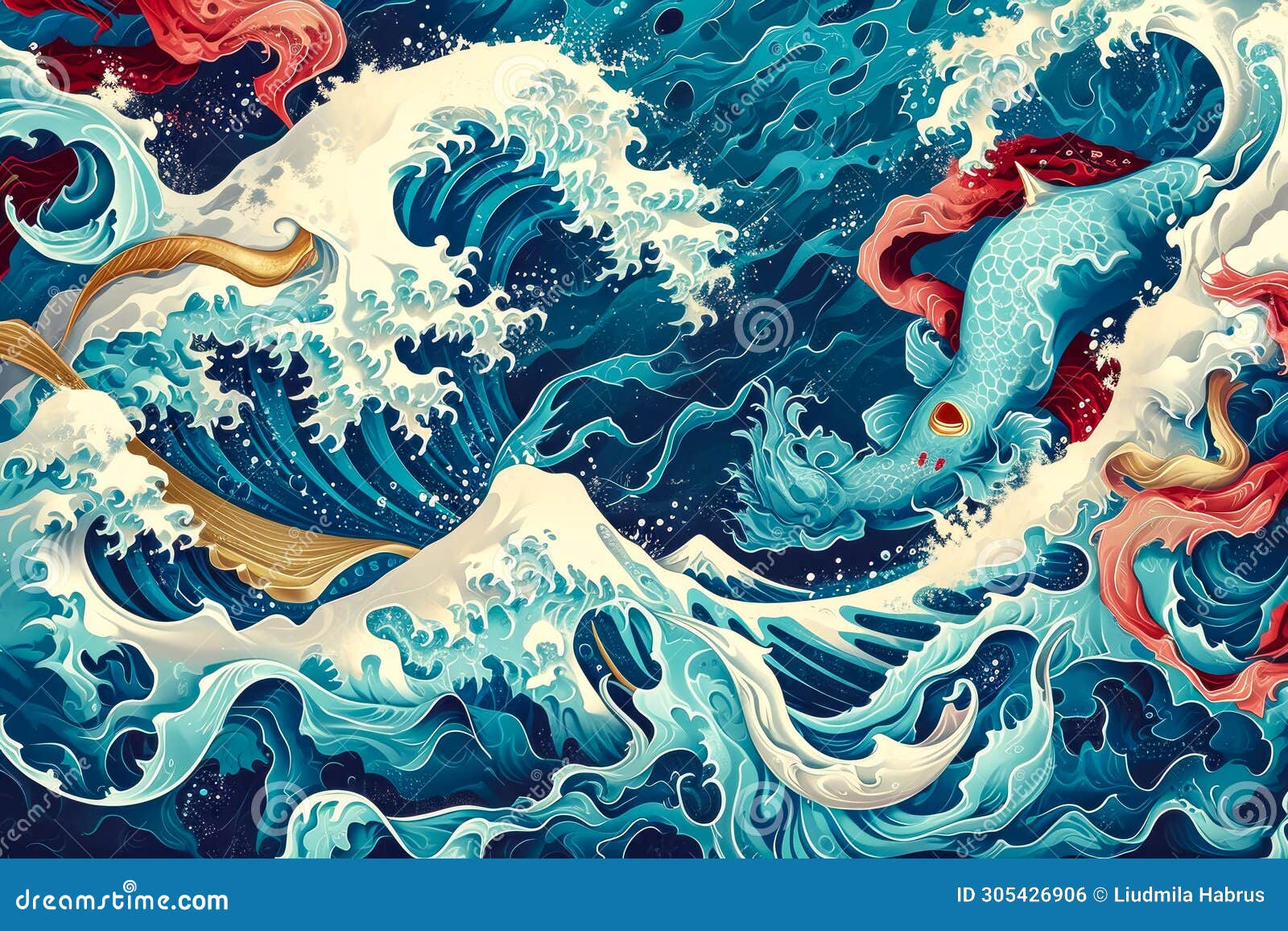 Water-themed Design with Ocean Waves and Underwater Creatures Stock ...