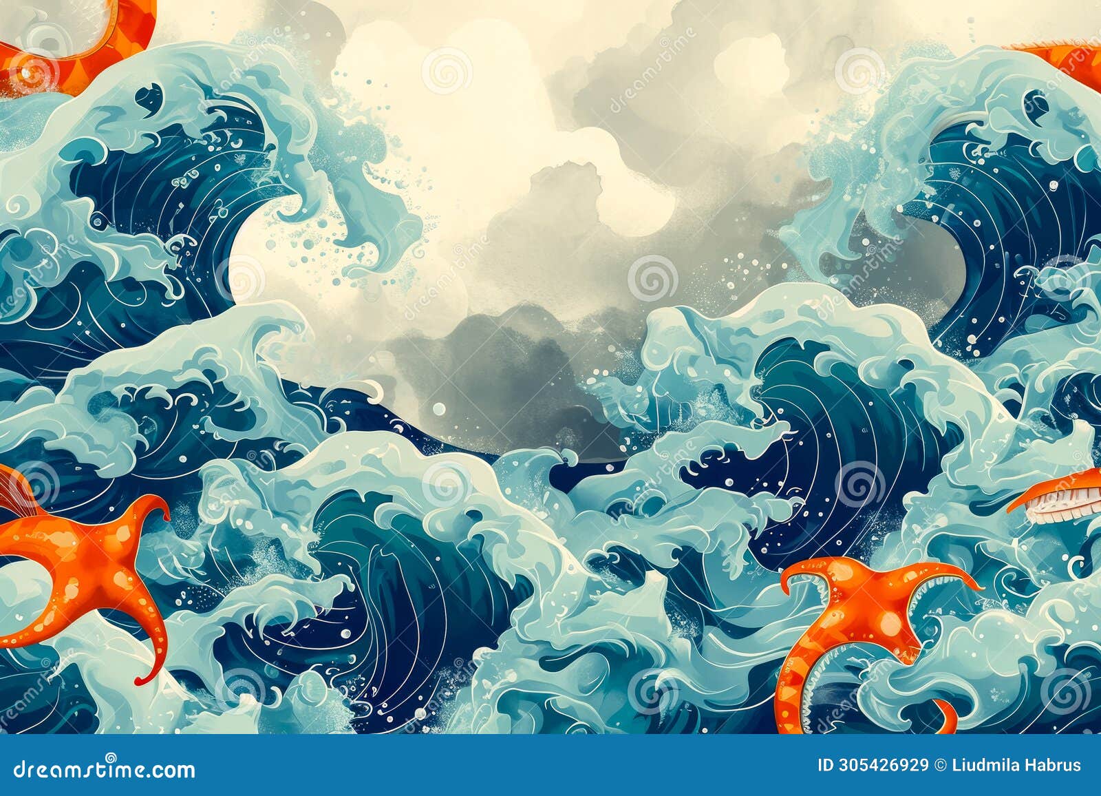 Water-themed Design with Ocean Waves and Underwater Creatures Stock ...