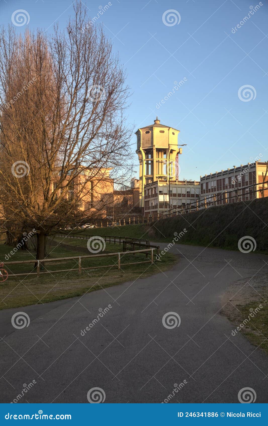 Water Tower in the Distance among Buildings Framed by Trees Seen from a ...