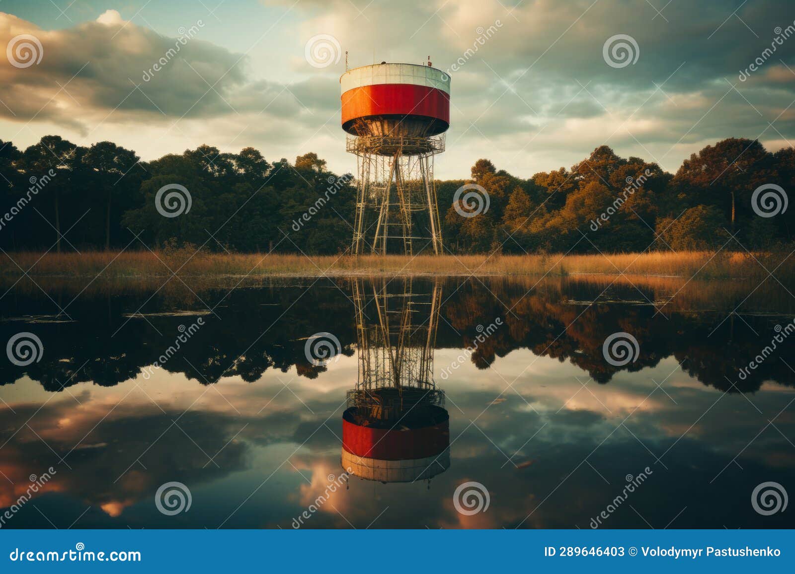 Water Tower with Red Top is Reflected in the Water. Generative AI Stock ...