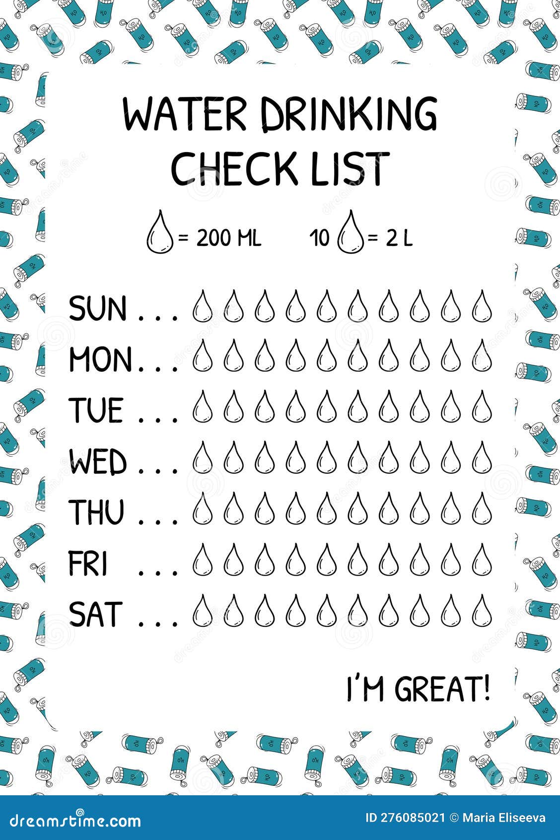Water Tracker Vector Template. Water Drinking Checklist with Drops ...
