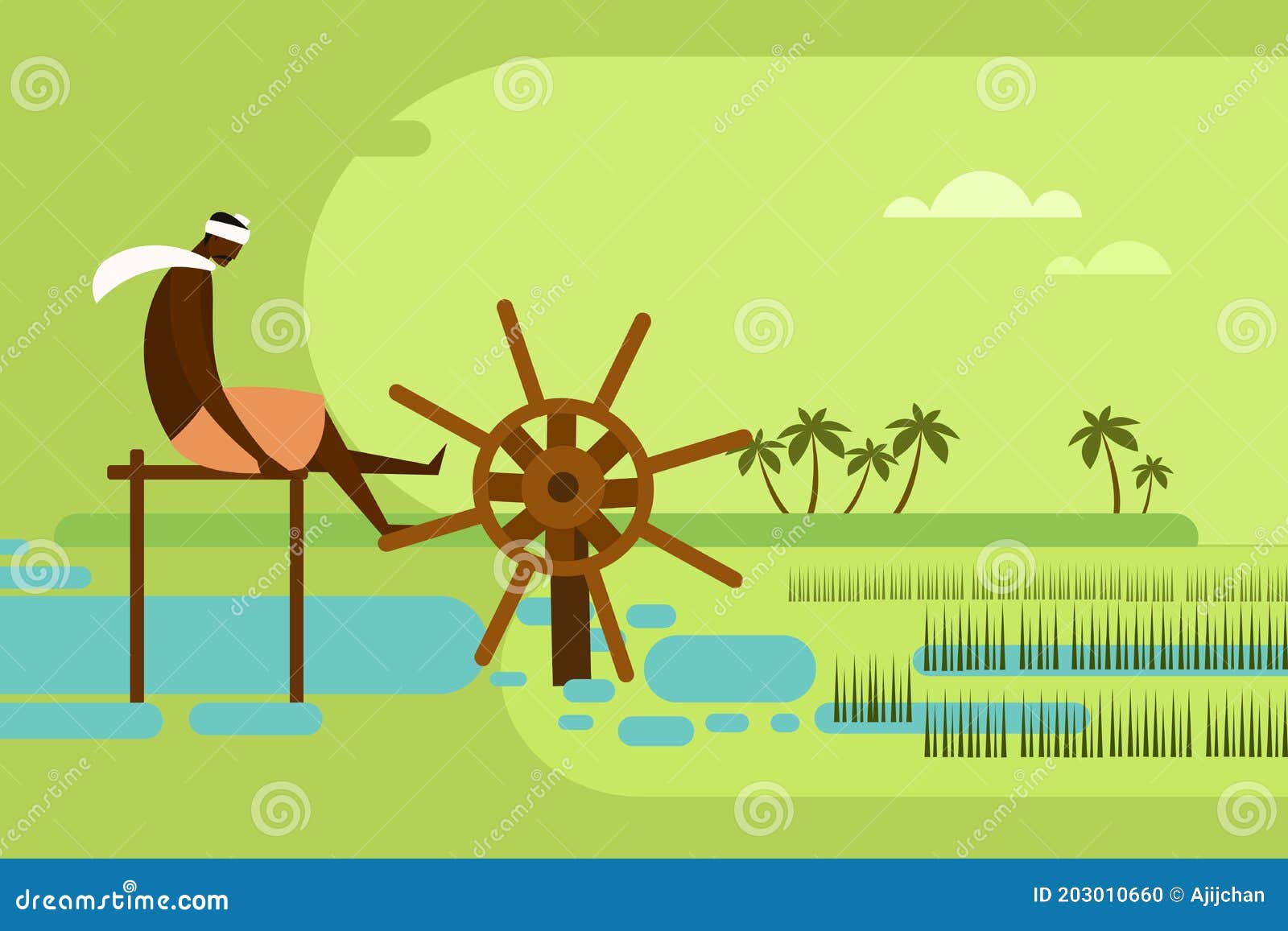 Farmer Pumping Water To Paddy Field Using Traditional Water Wheel Stock ...