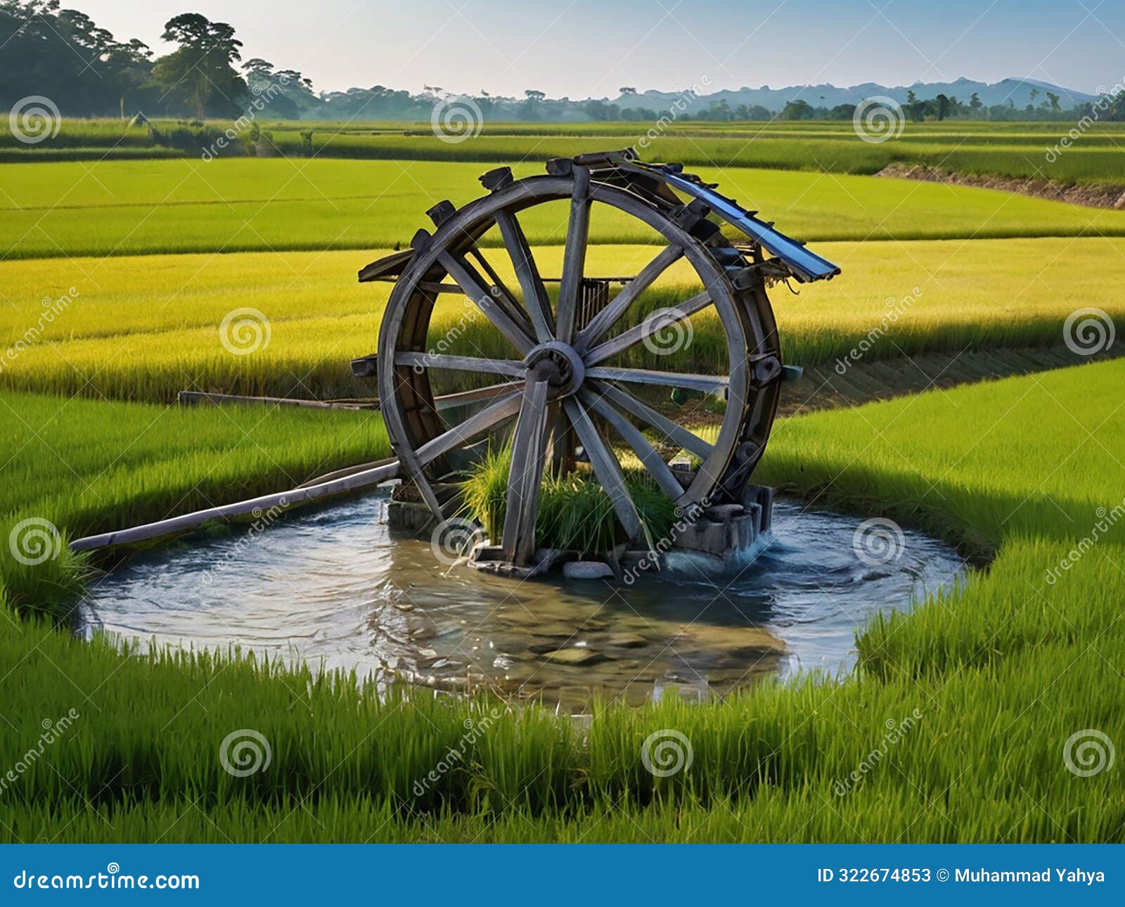 A Water Wheel on a Rice Field Stock Illustration - Illustration of ...