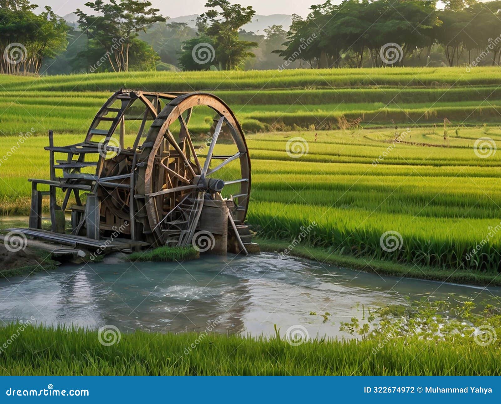 A Water Wheel on a Rice Field Stock Illustration - Illustration of ...