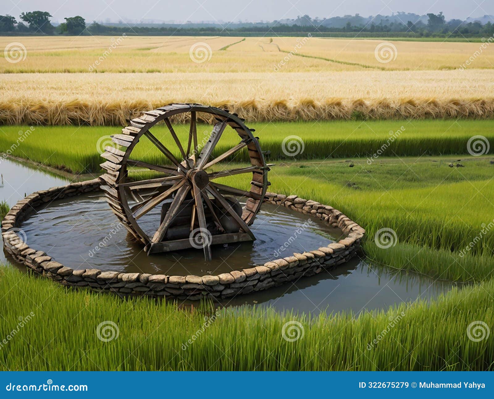 A Water Wheel on a Rice Field Stock Illustration - Illustration of ...