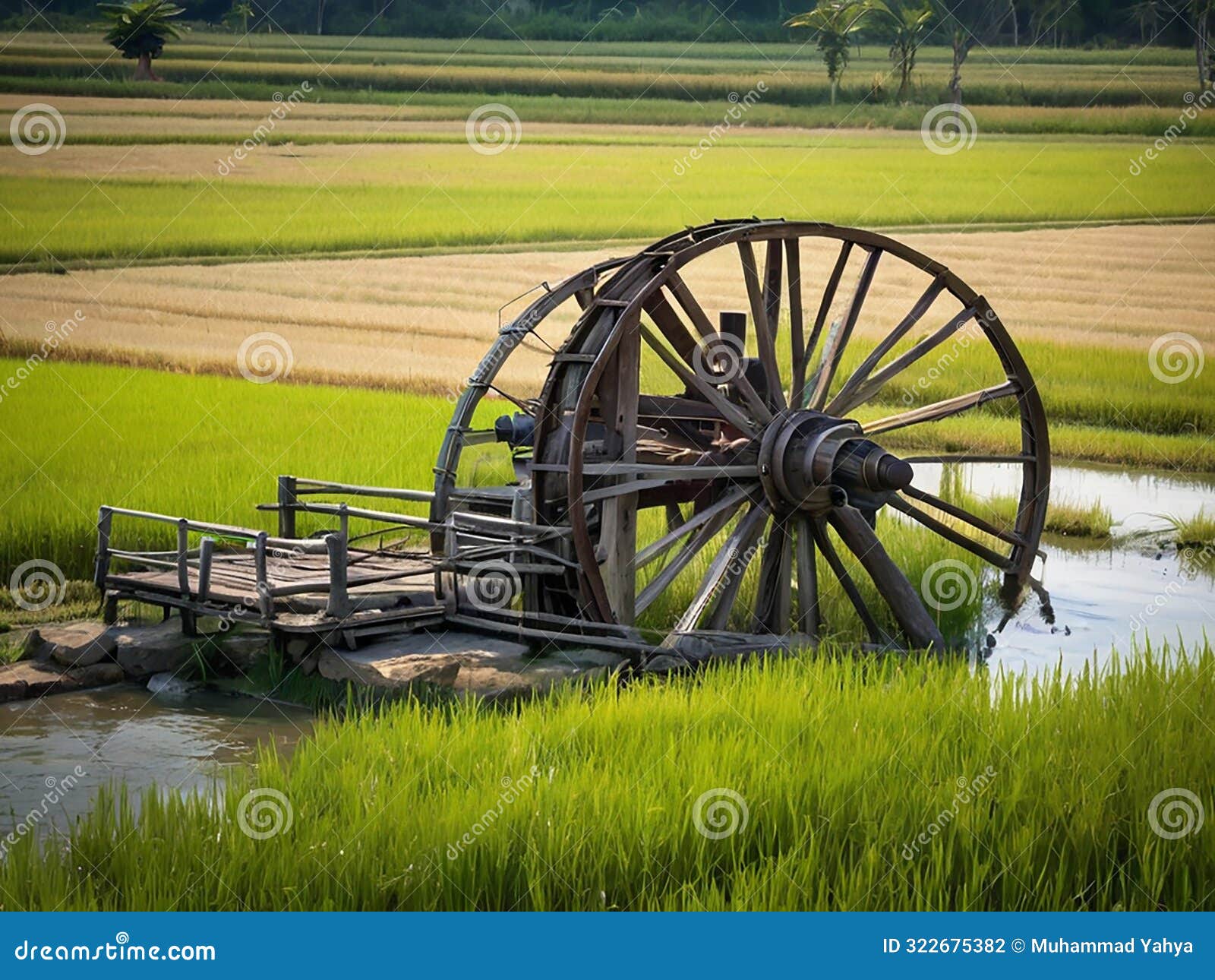 A Water Wheel on a Rice Field Stock Illustration - Illustration of ...