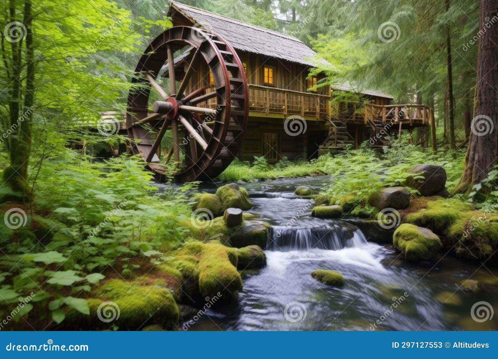 Water Wheel Rotating Next To a Forest Lodge Stock Image - Image of ...