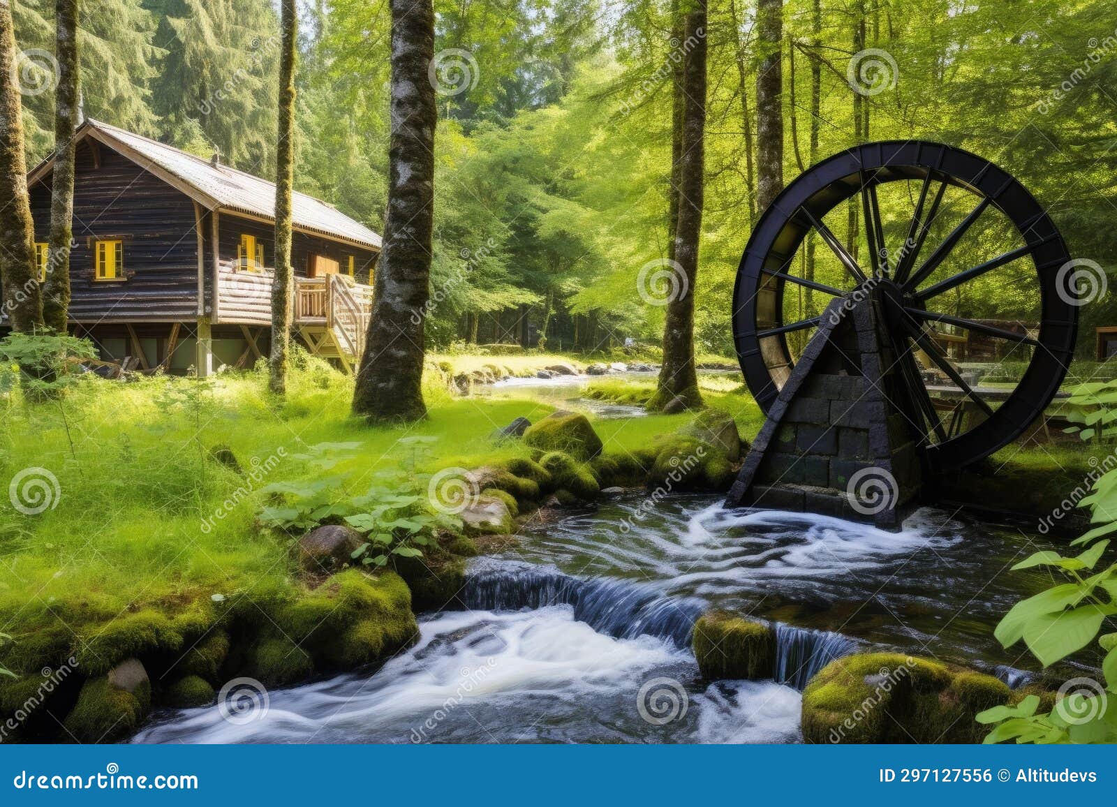 Water Wheel Rotating Next To a Forest Lodge Stock Photo - Image of ...