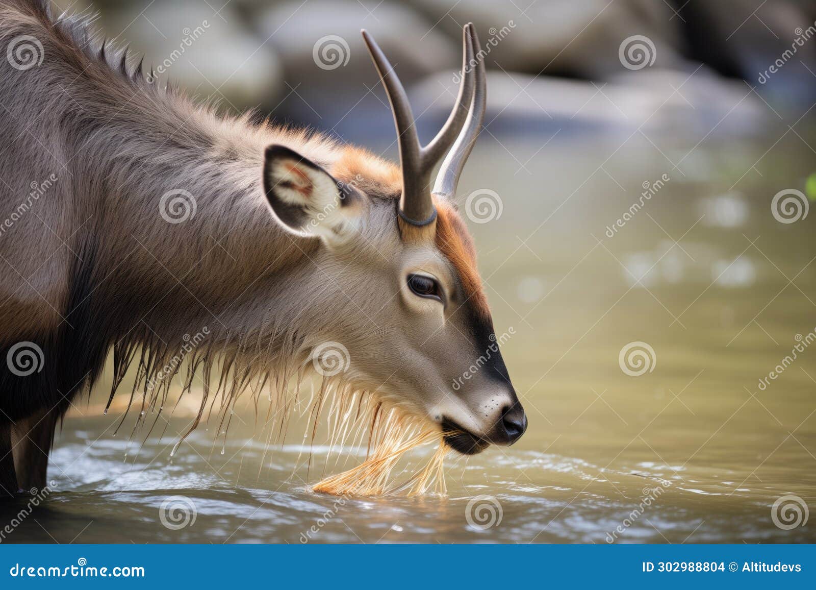 Waterbuck Snorting Water by Riverbank Stock Illustration - Illustration ...