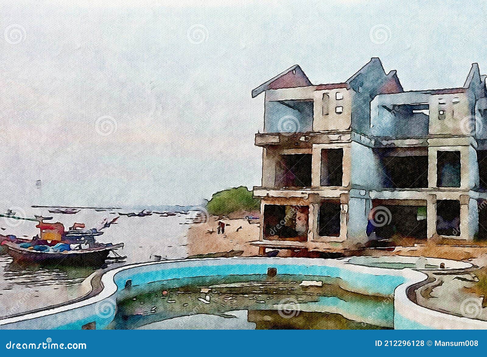 Watercolor of Abandoned Building Stock Illustration - Illustration of ...