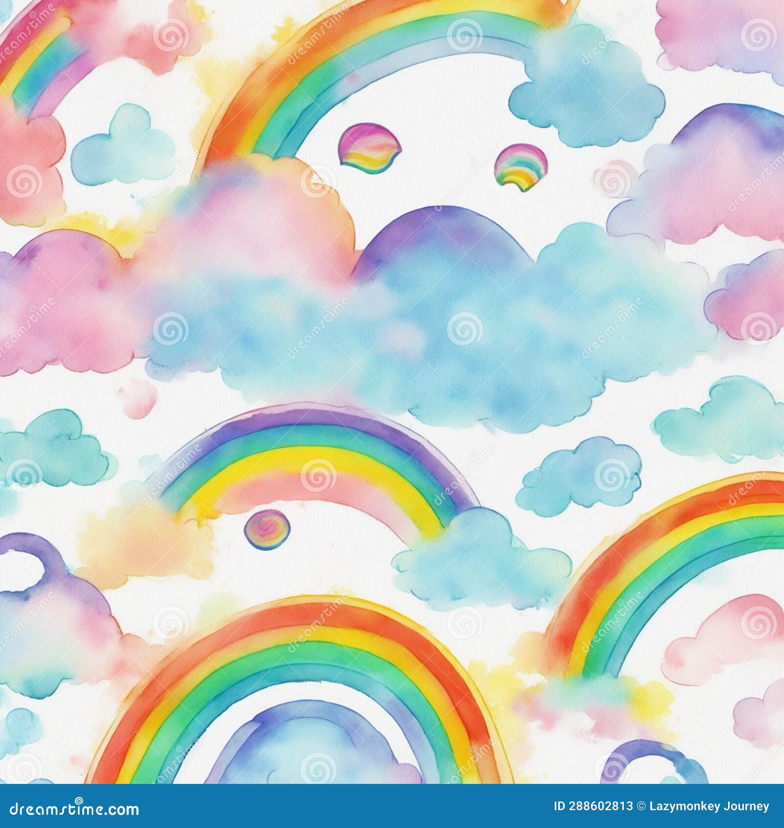 Watercolor Abstract Cute Cartoon Rainbow in the Sky Doodle Pattern ...