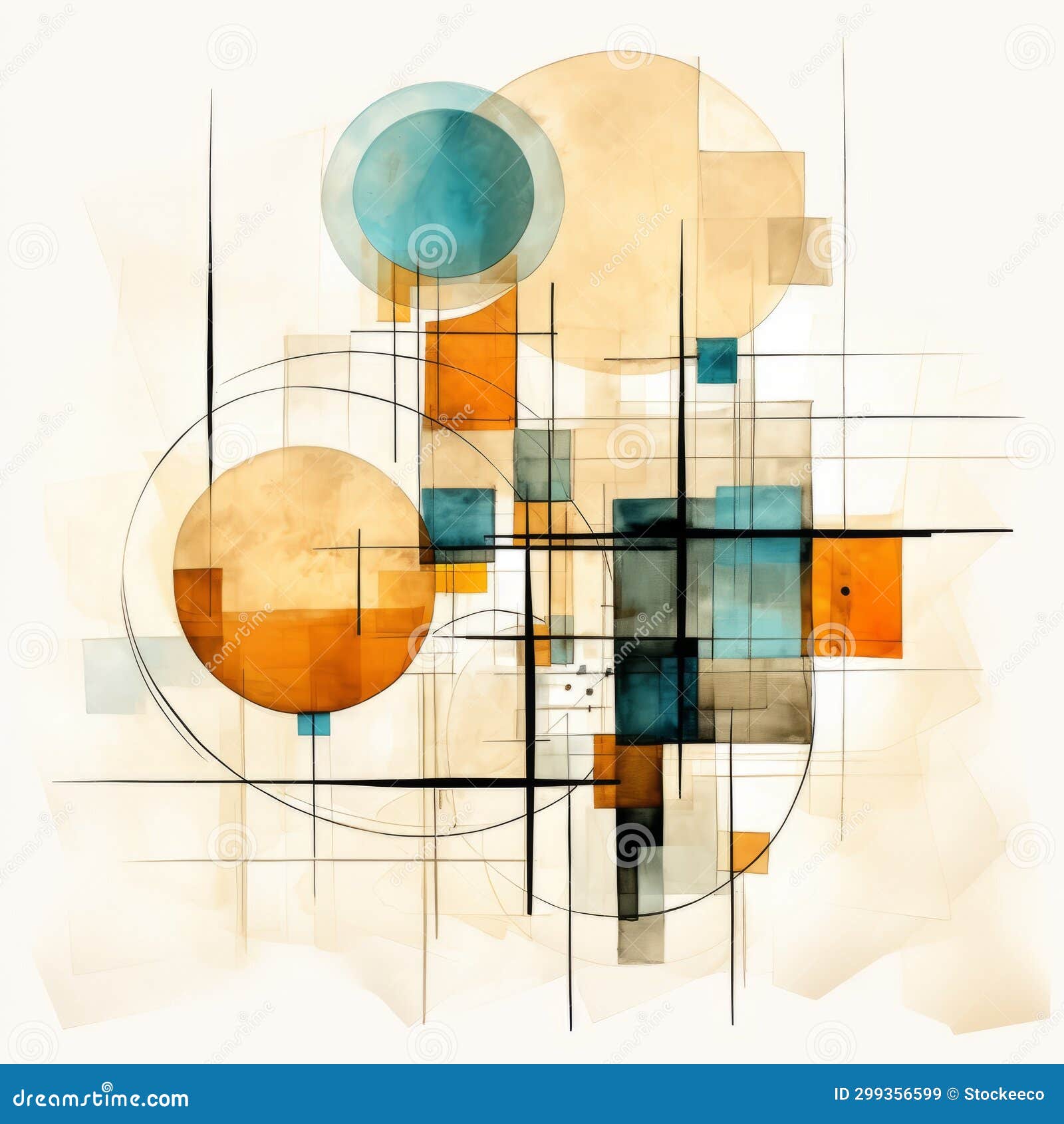 Abstract Art Deco Geometric Painting in Light Blue and Dark Amber Stock ...