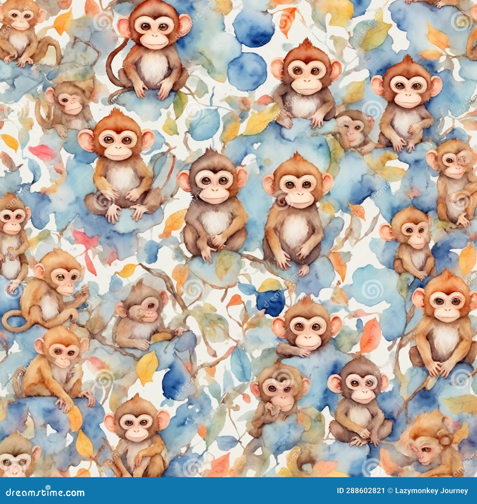 Watercolor Abstract Many Little Cute Monkey Doodle Pattern Stock ...