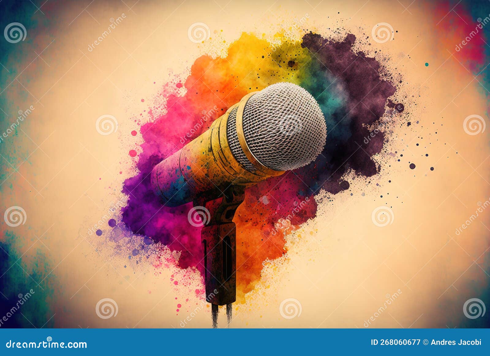 Watercolor Abstract Splash Explosion of Paint Over Microphone. Stock ...