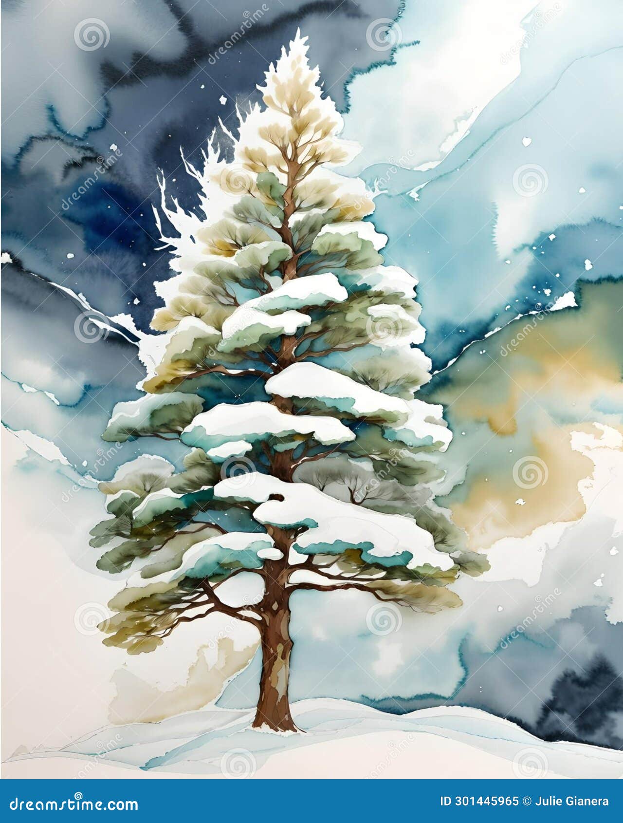 Watercolor Alcohol Ink Tall Pine Tree in the Forest Stock Illustration ...