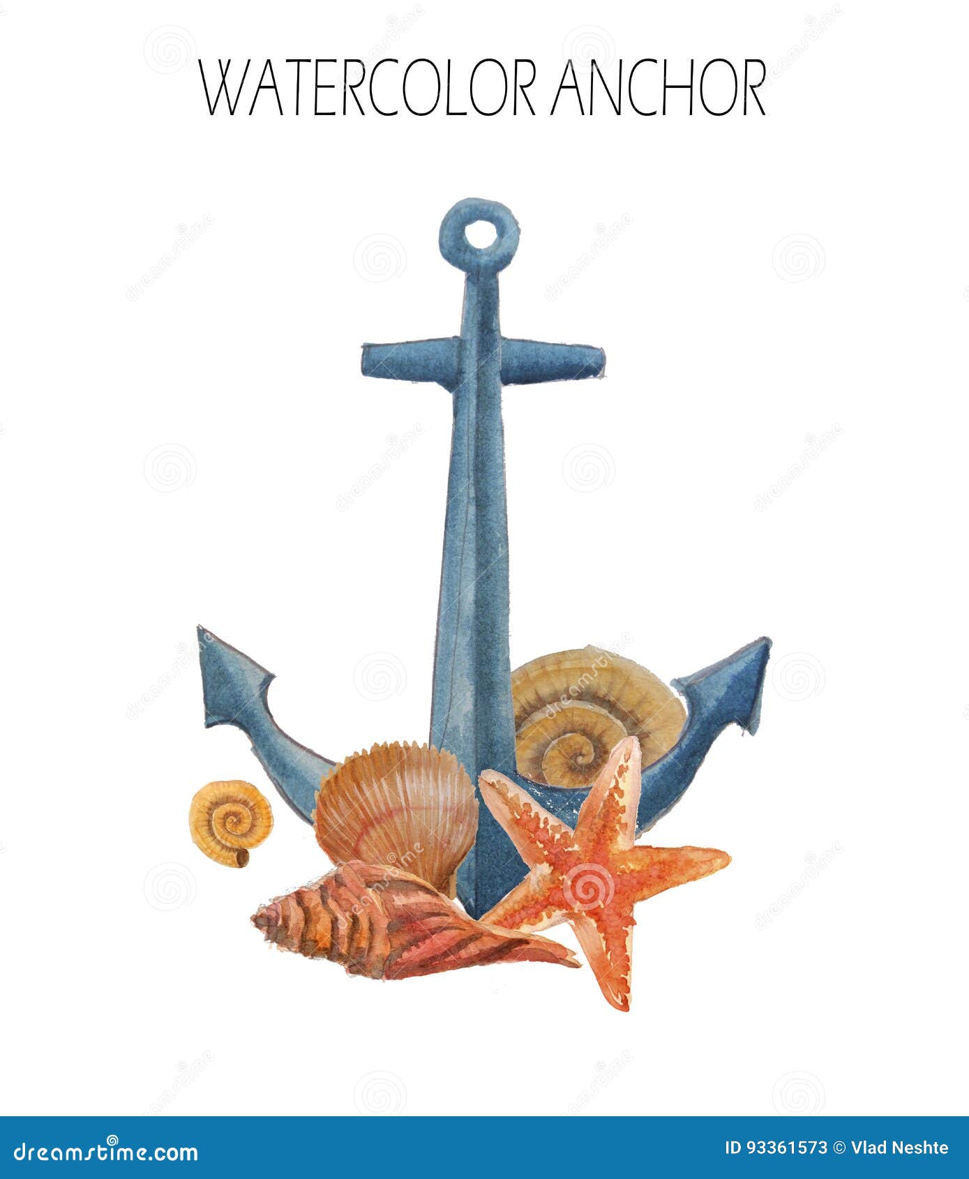 Watercolor Anchor With Rusty Chain Twisted Around It. Original Hand ...