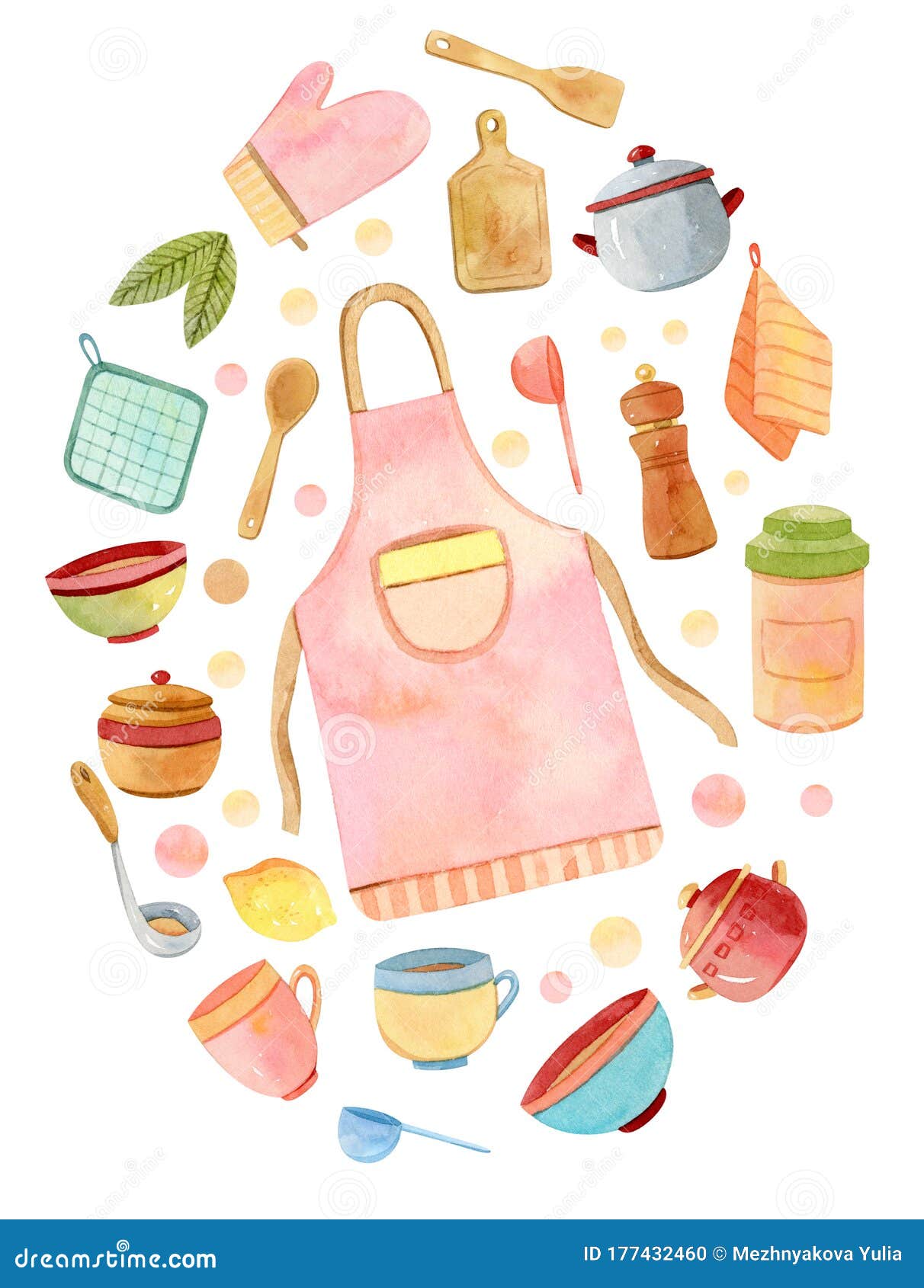 Watercolor Apron, Kitchen Utensils Composition with Pots Stock ...