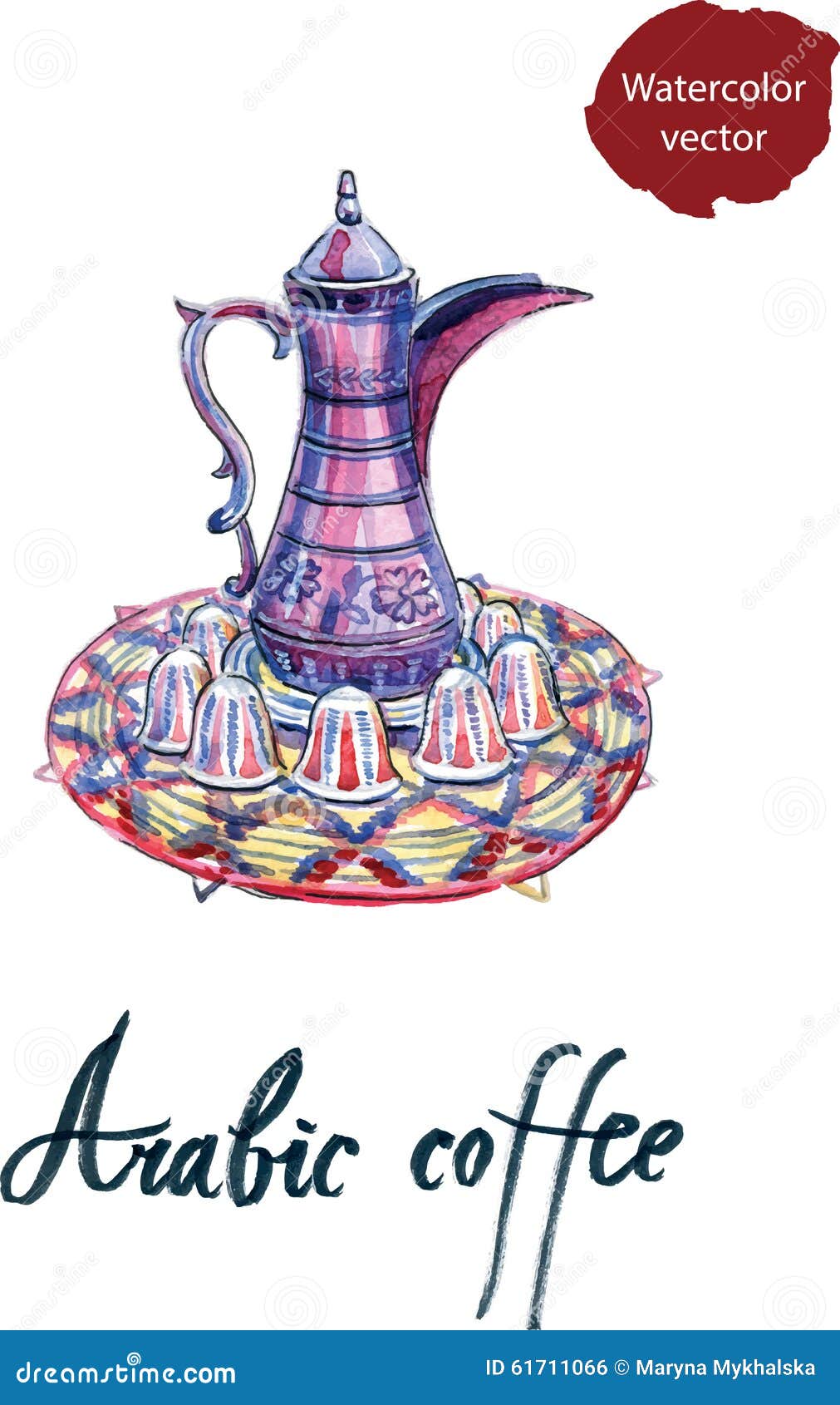 Watercolor Arabic Coffee Pot And Cups Set Vector Illustration ...