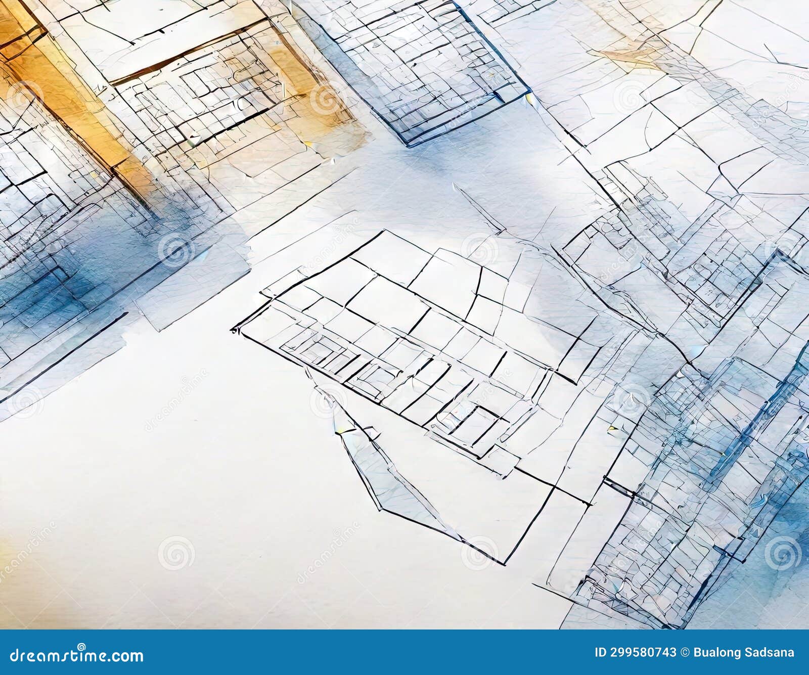 Watercolor of Architectural Blueprints Showing the Design and Layout of ...