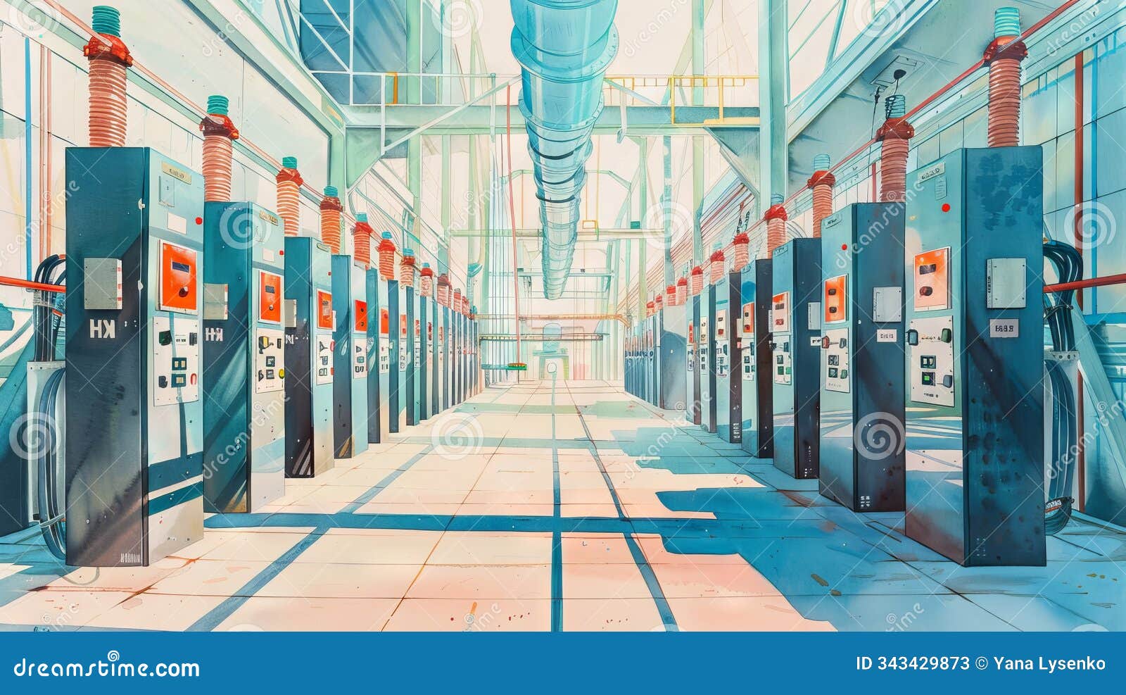 Watercolor Art Of A Modern Electrical Control Room With Advanced ...