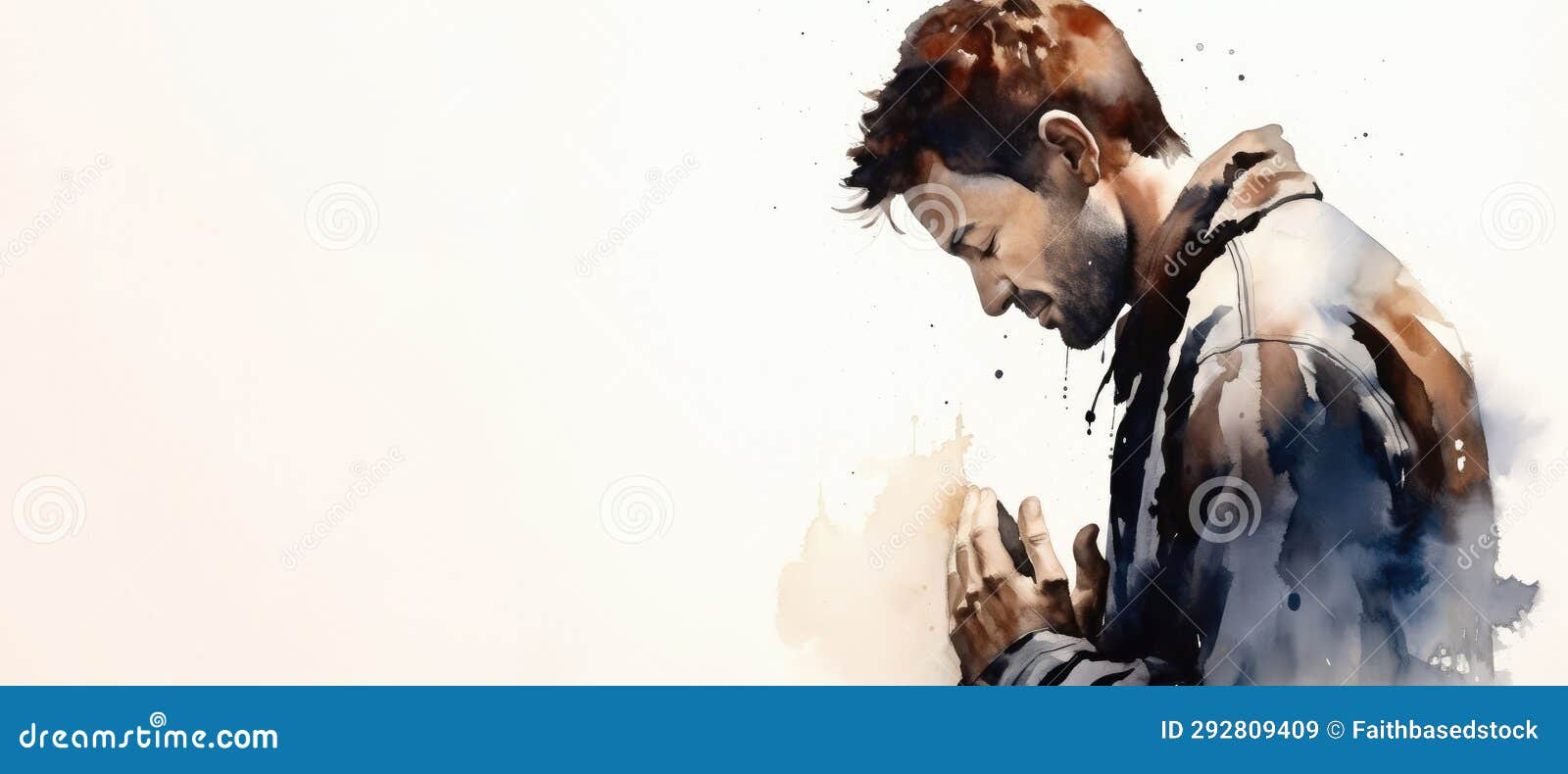 Watercolor Artwork of a Man Praying with Copy Space Stock Illustration ...