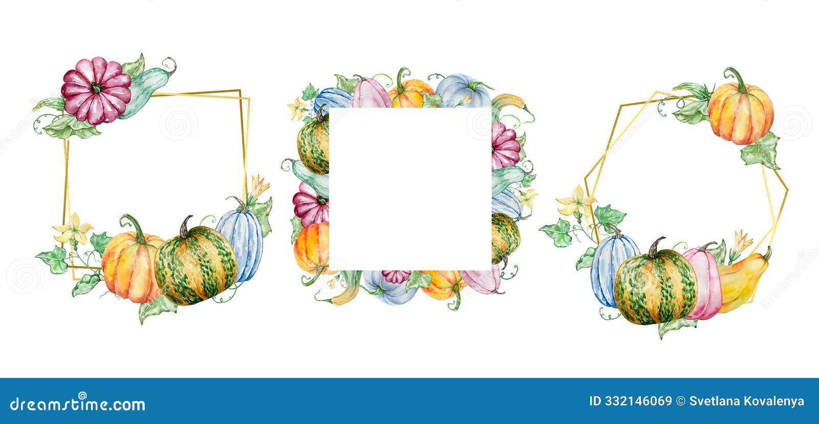 Watercolor Autumn Frames Set with Pumpkins and Fall Leaves Stock ...