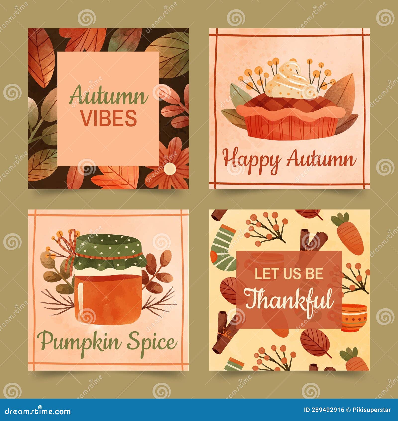 Watercolor Autumn Instagram Posts Collection Design Illustration Stock ...