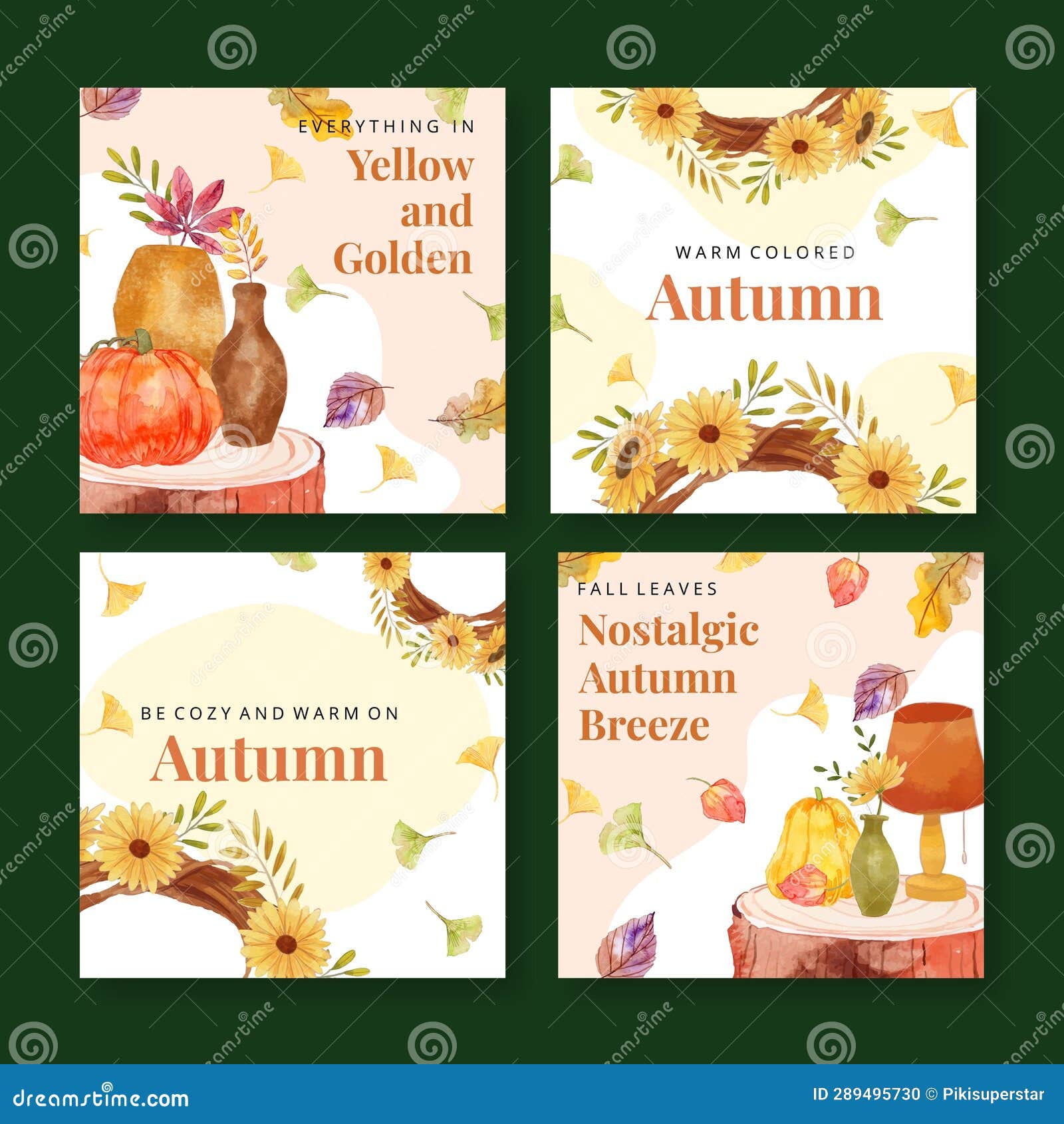 Watercolor Autumn Instagram Posts Collection Vector Illustration Stock ...