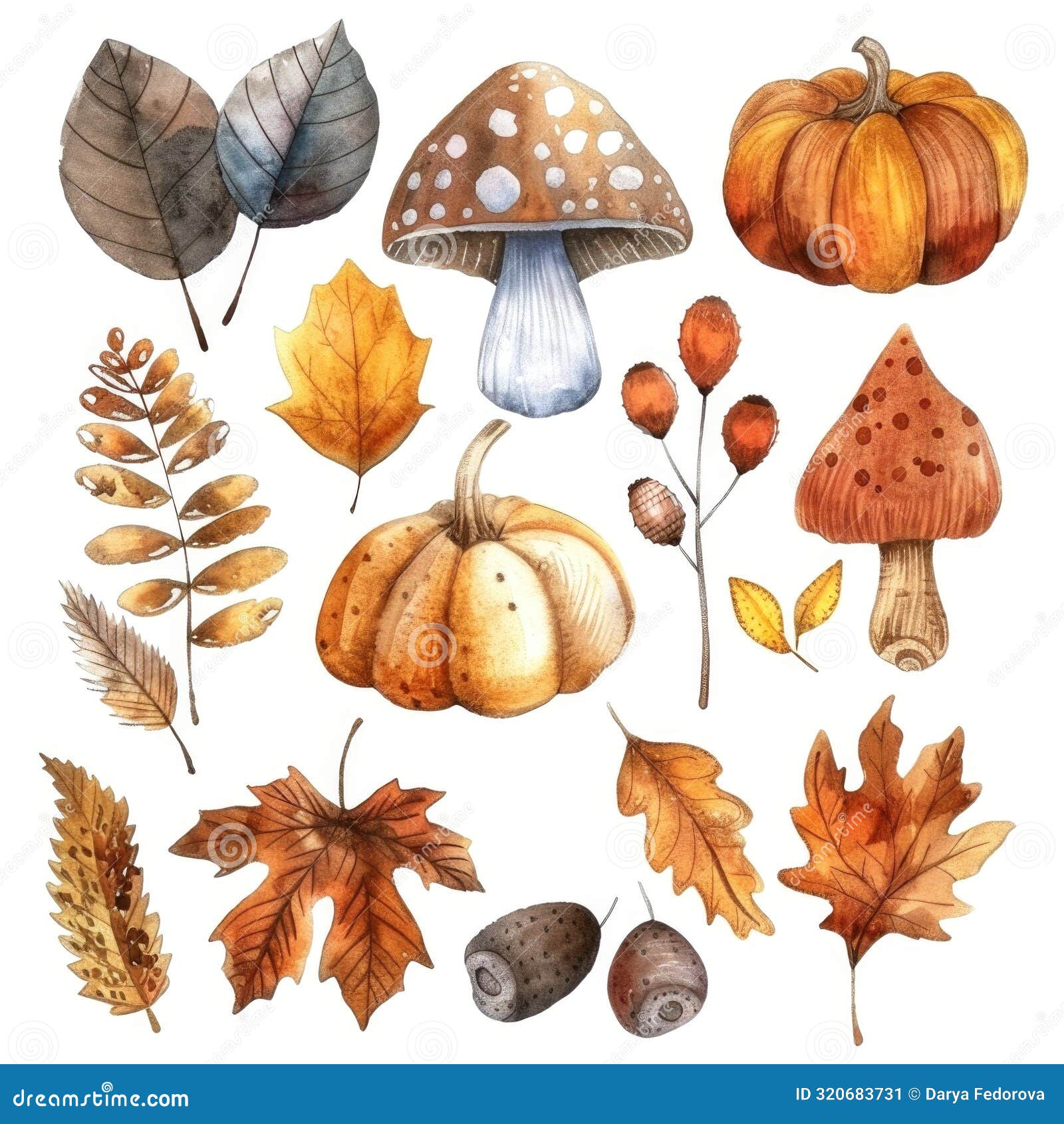 Watercolor Autumn Leaves And Mushrooms Nature Inspired Botanical