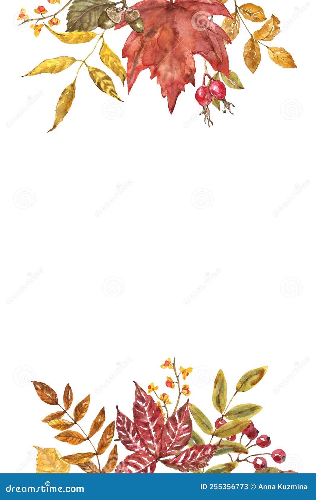 Autumn Leaf and Foliage Border. Watercolor Hand-painted Fall Leaves ...