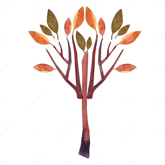 Watercolor Autumn Tree With Orange Leaves Isolated Illustration