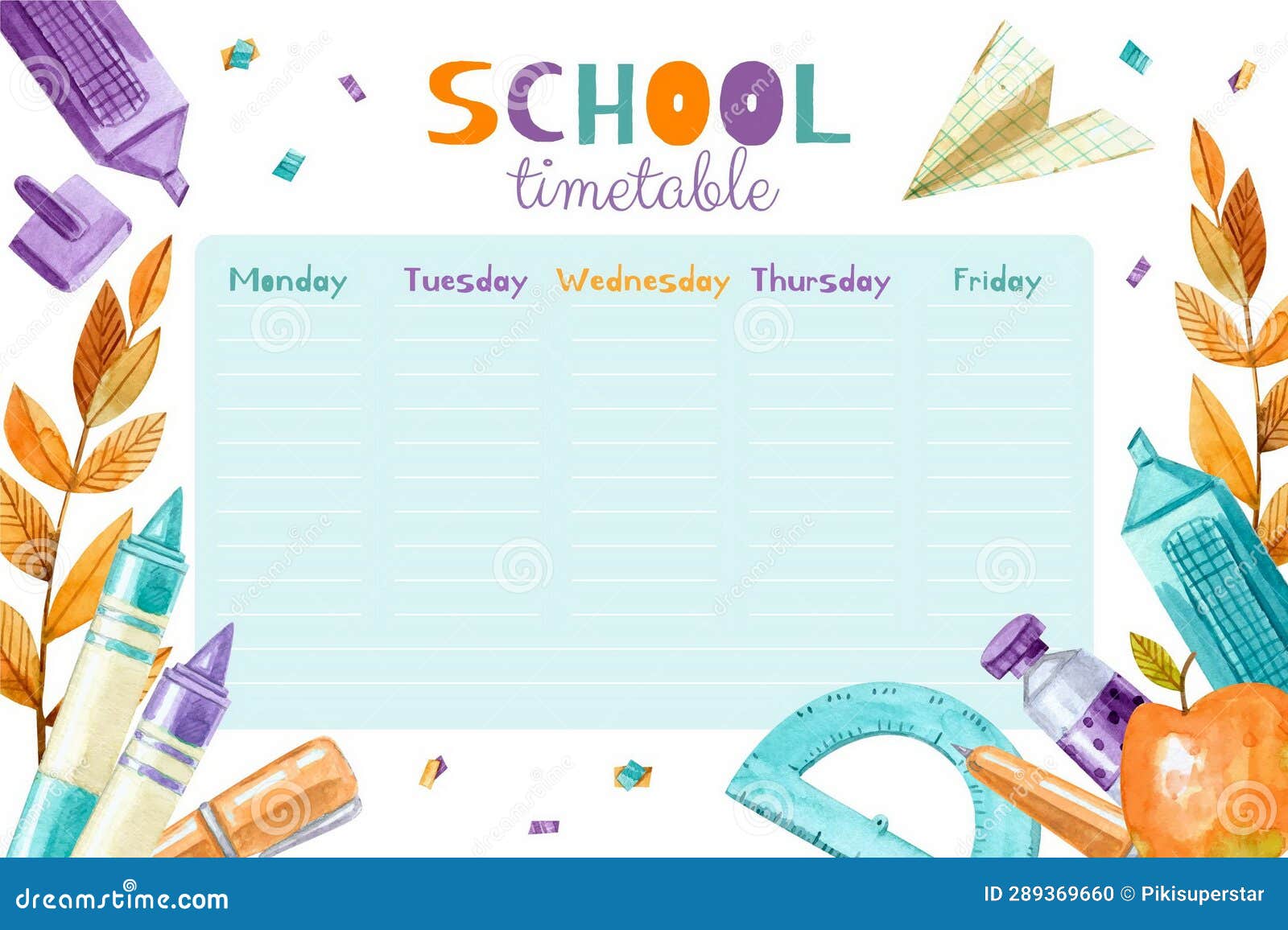Watercolor Back School Vector Design Timetable Template Stock Vector ...