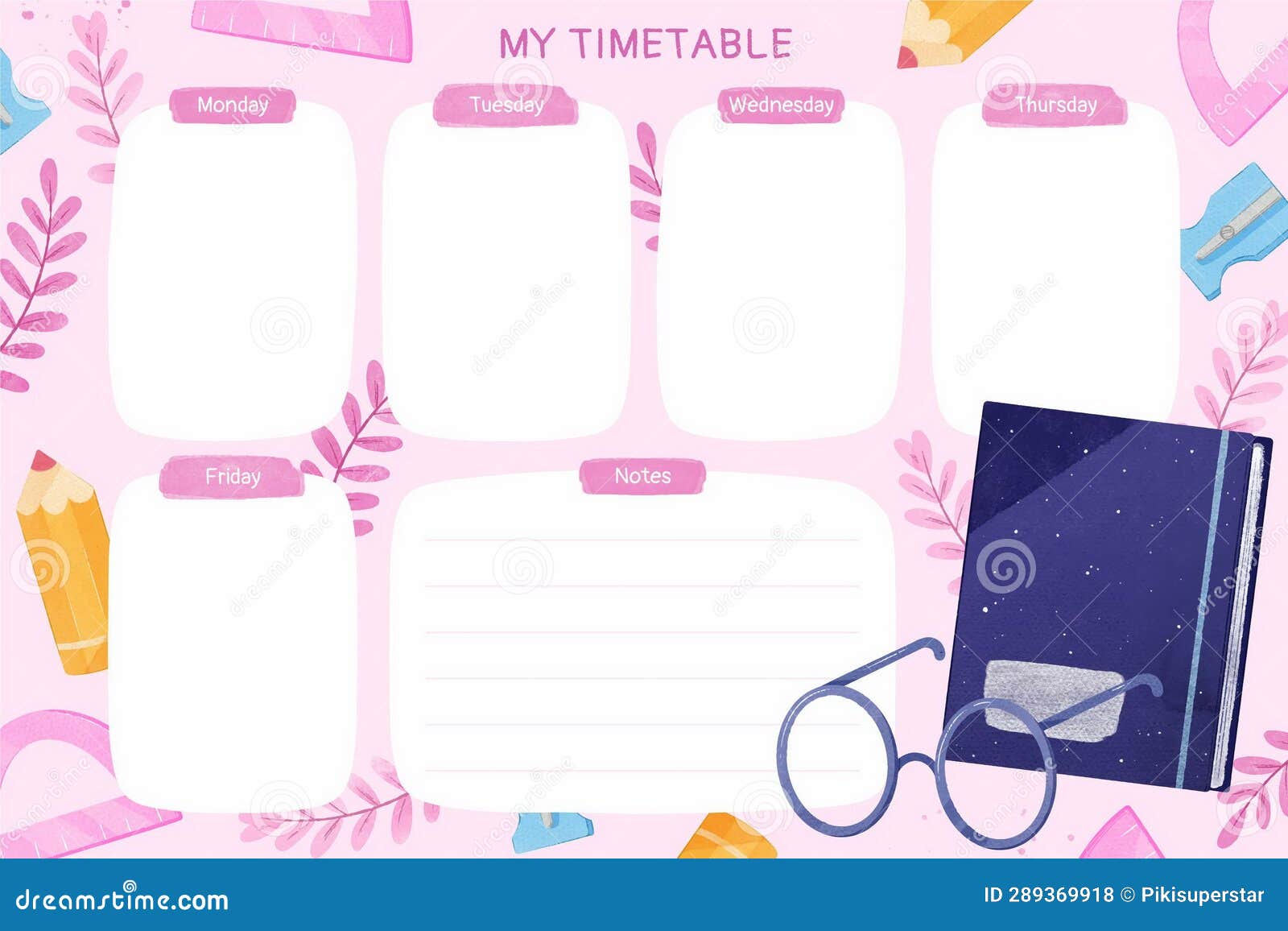 Watercolor Back School Vector Design Timetable Template Stock Vector ...