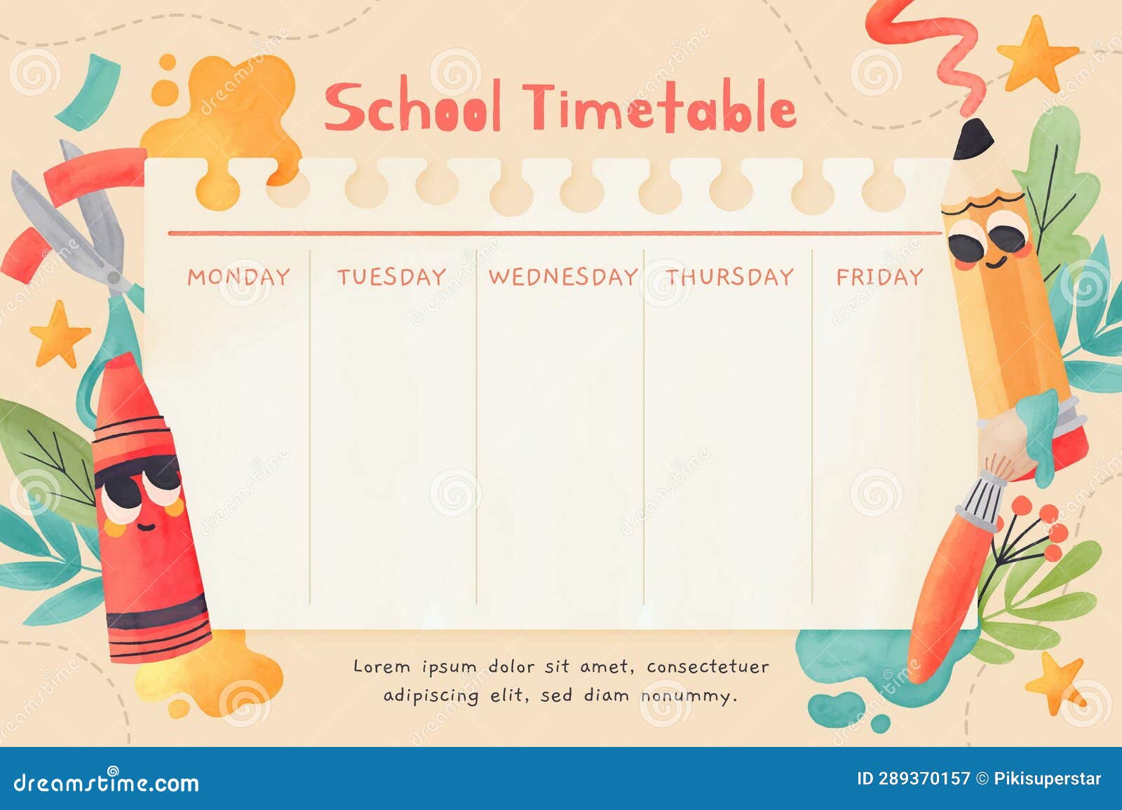 Watercolor Back School Vector Design Timetable Template Stock Vector ...