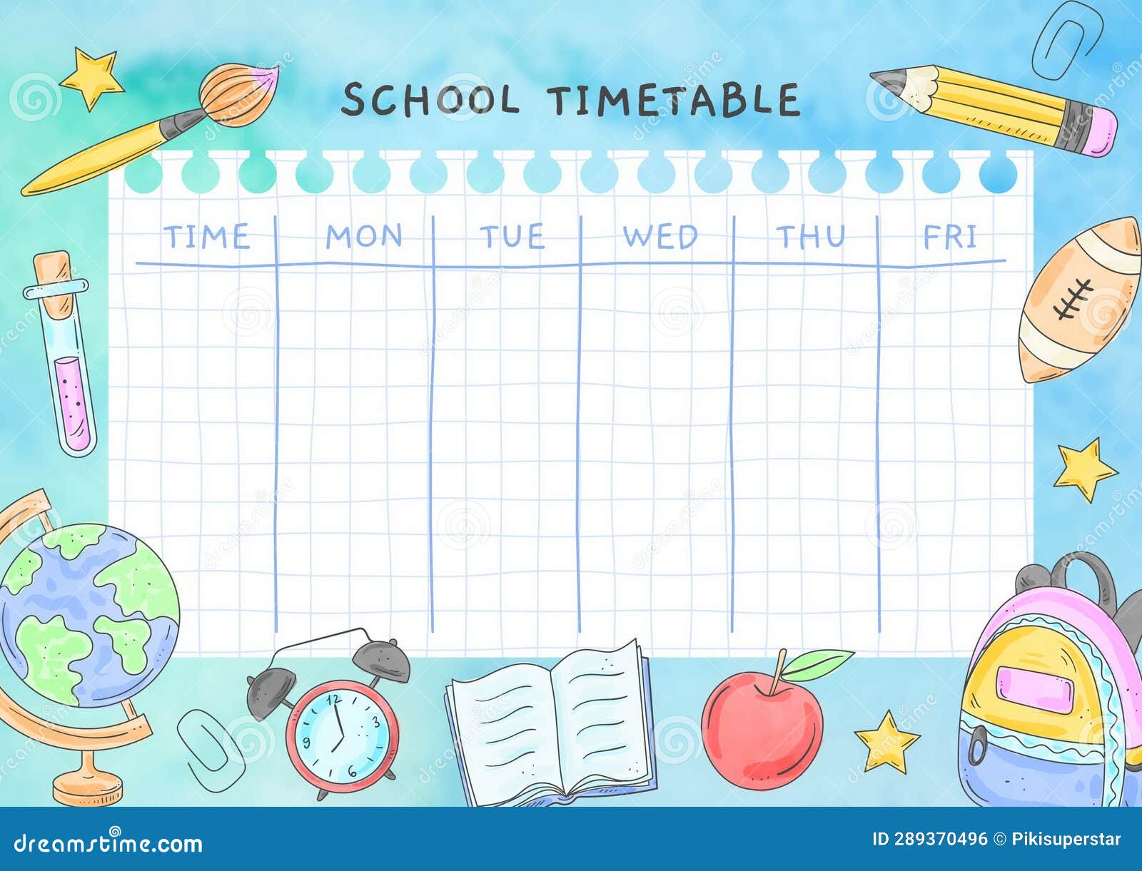 Watercolor Back School Vector Design Timetable Template Stock Vector ...