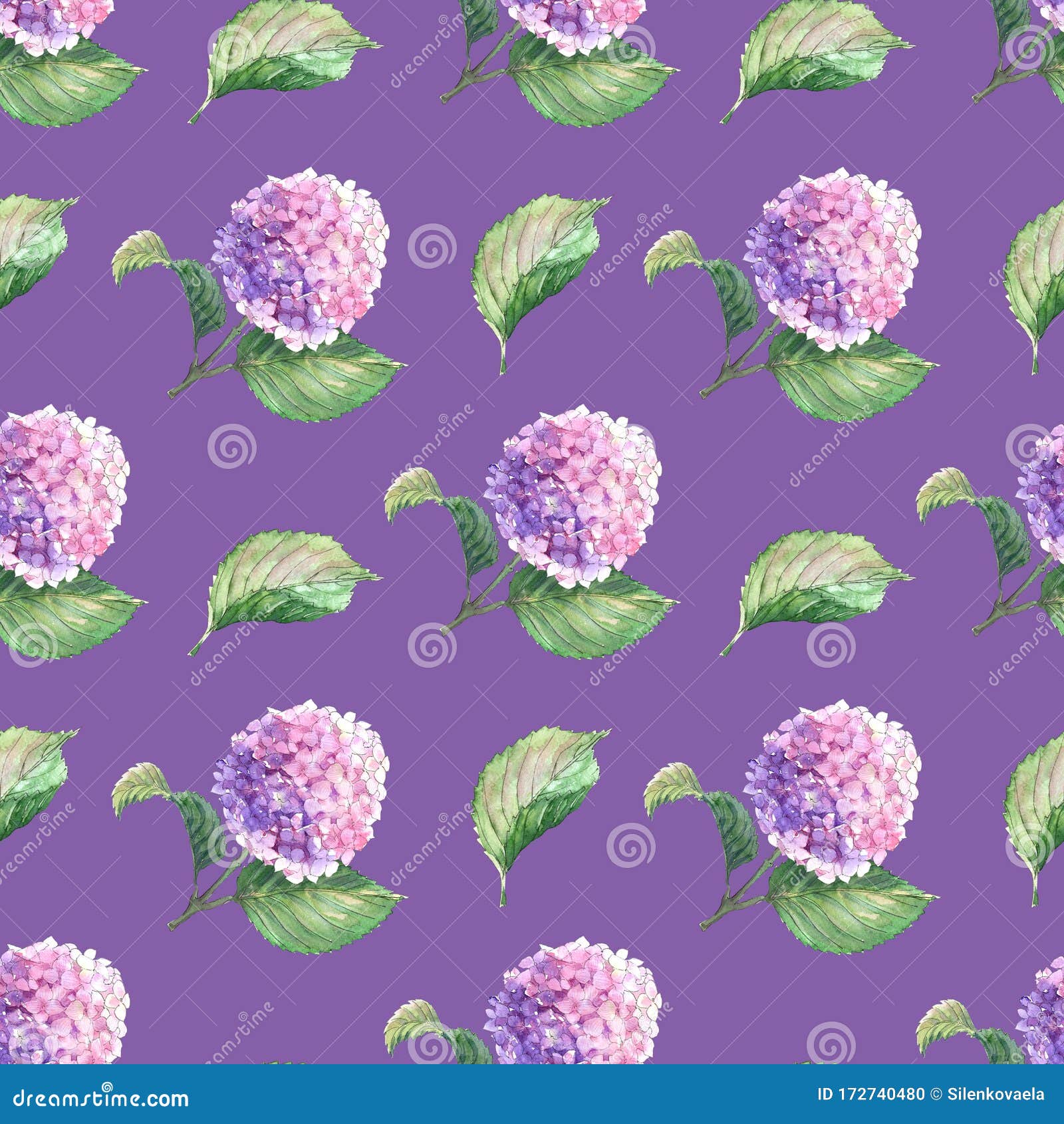 Watercolor Seamless Patterns with Blooming Hydrangea Branches. Bright Inflorescences Stock ...