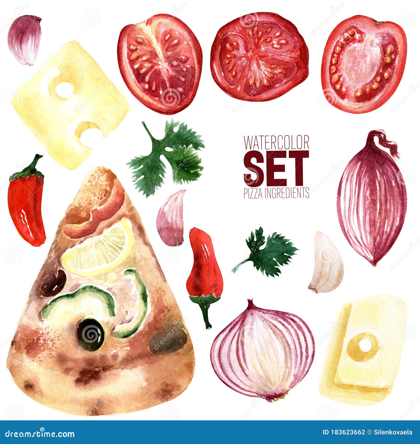 Watercolor Set with Various Types of Fresh Pizza. Ingredients in Detail ...