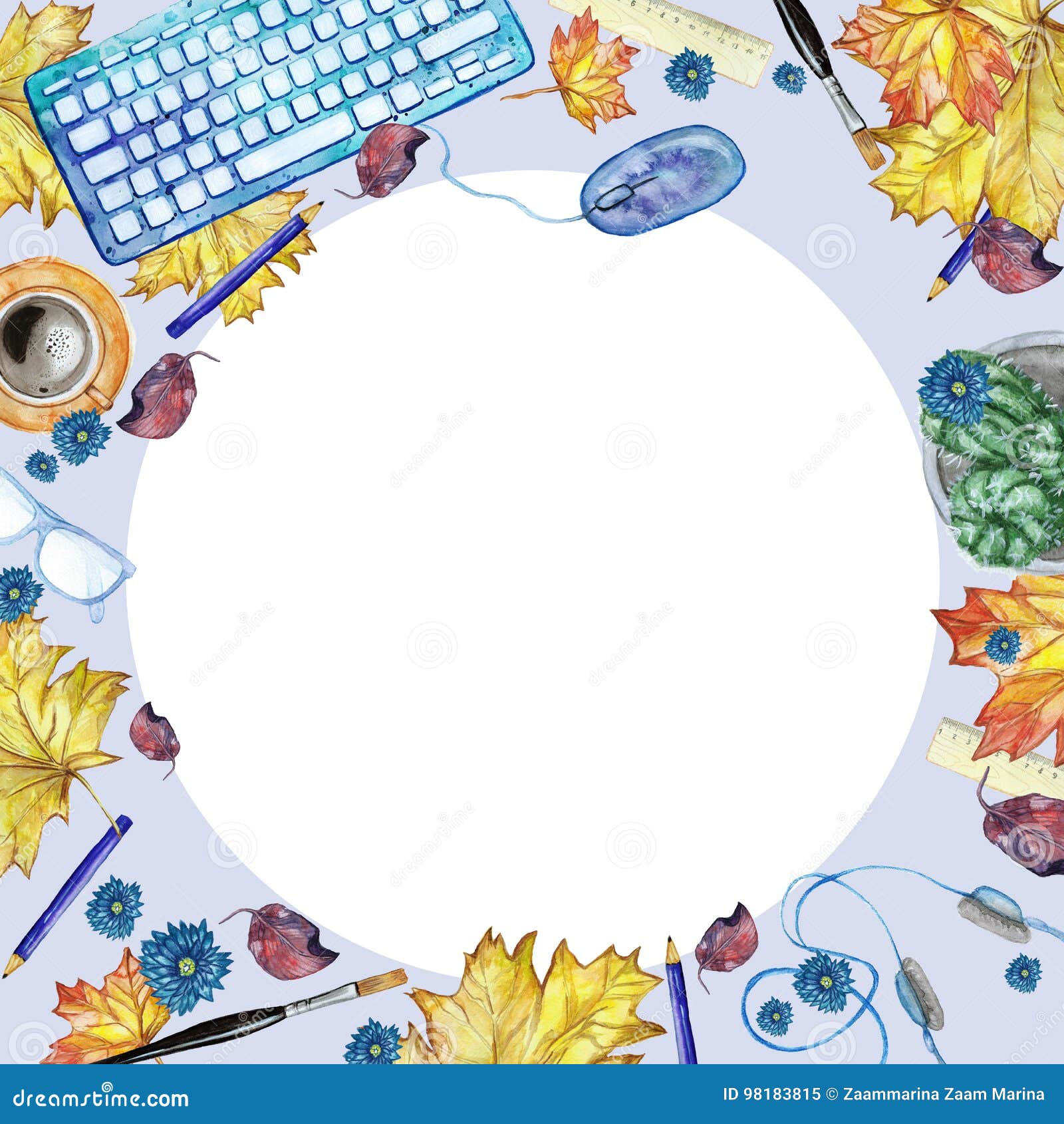 Watercolor Background with Objects for Study and Knowledge Top View ...