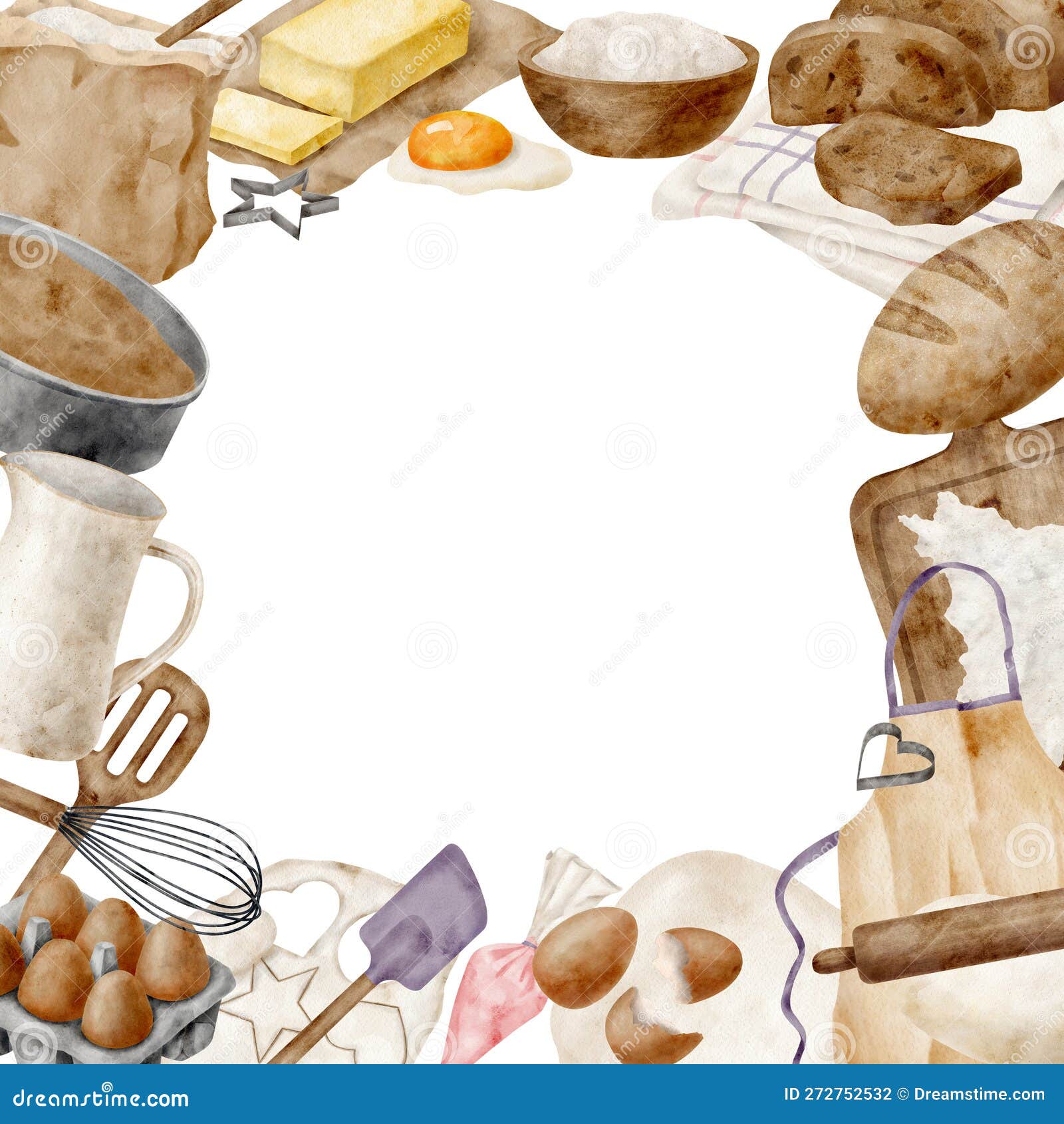 Watercolor Baking Tools and Ingredients Frame. Hand Drawn Square Border ...